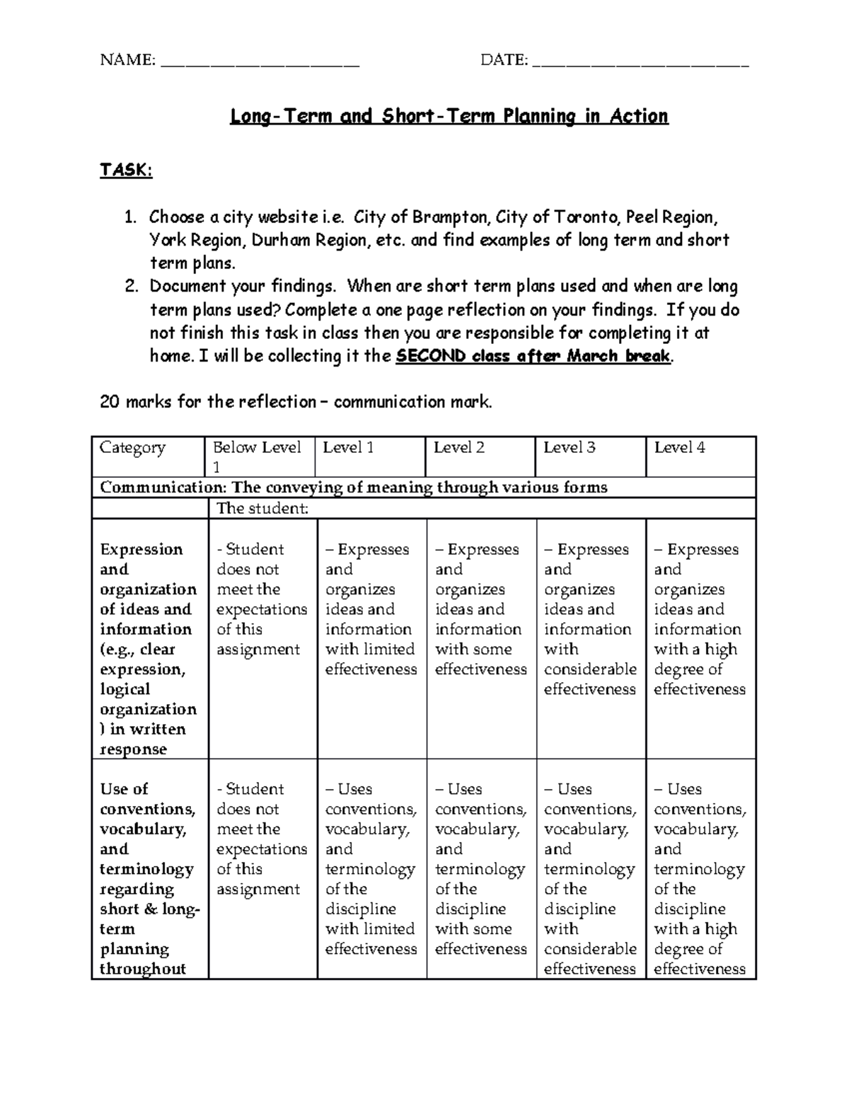 Short & long term planning in action - NAME ...