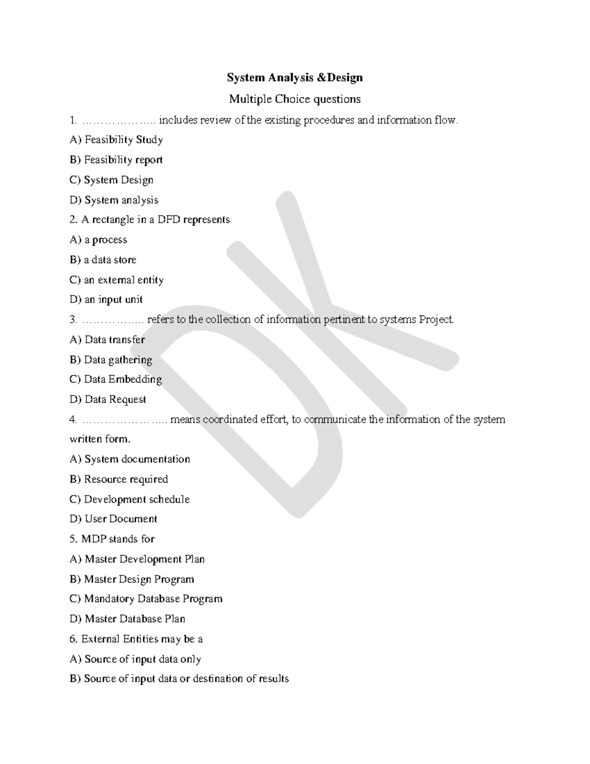 Sadmcq - Read more for exit exam - System Analysis &Design Multiple ...
