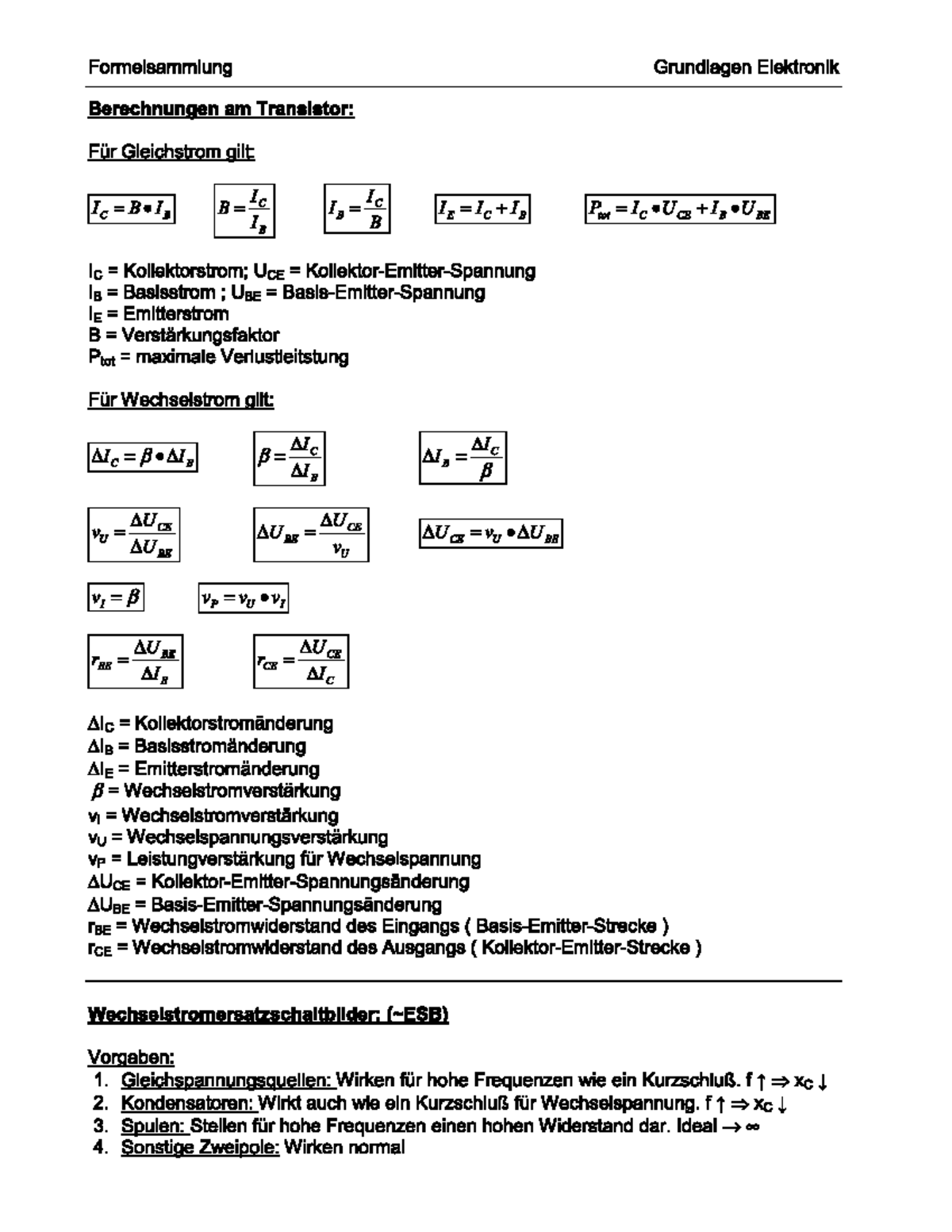 Formelsammlung Transistor - Grundlagen der Elektrotechnik - Studocu