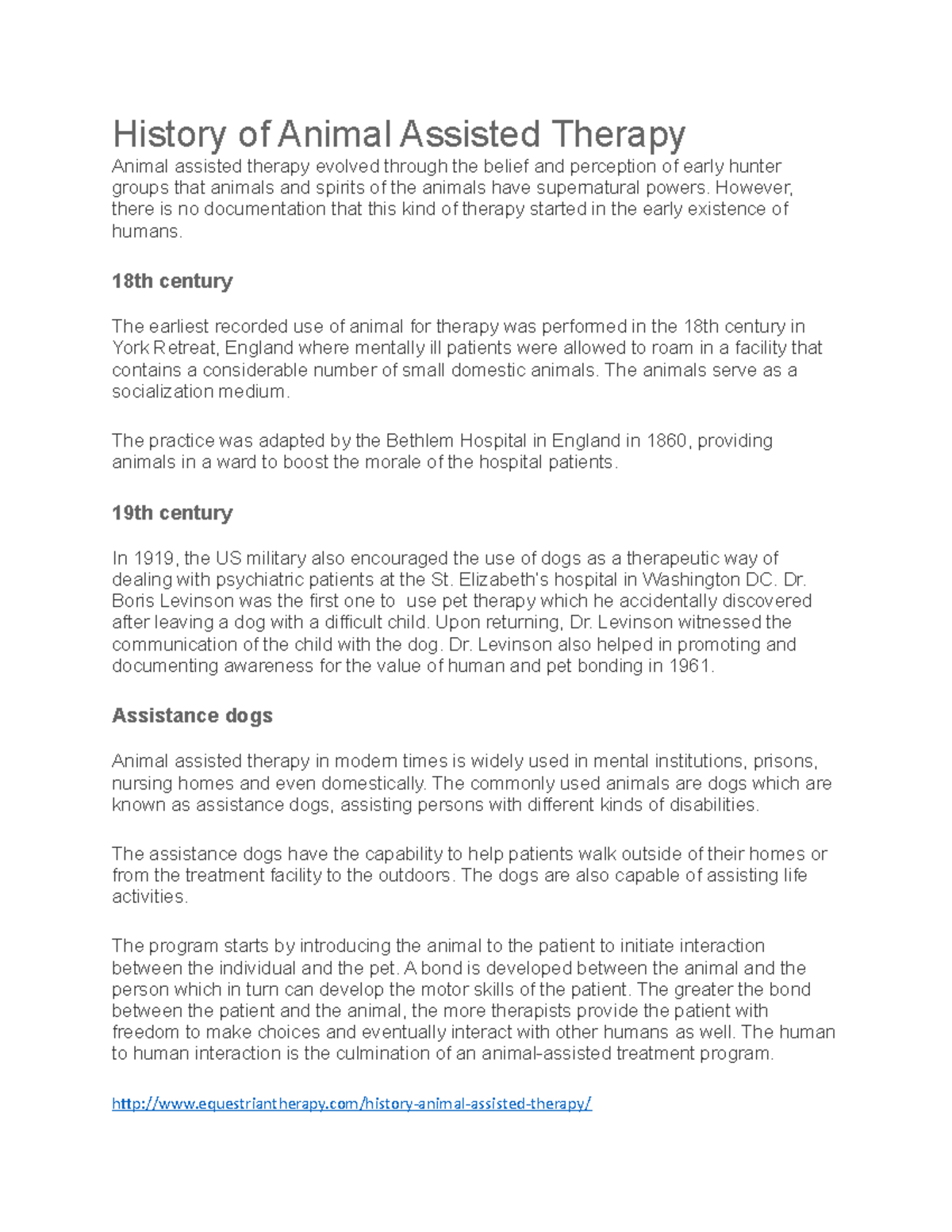 History of Animal Assisted Therapy 1 - However, there is no ...