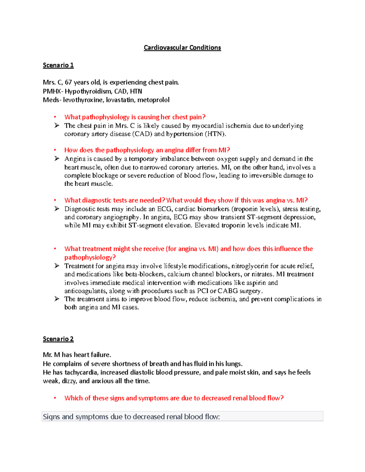 Cardiovascular Conditions Scenarios - C, 67 years old, is experiencing ...