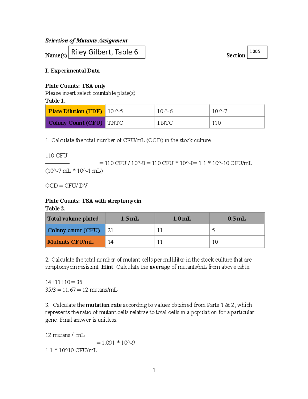 Selection Assignment Lab - Selection of Mutants Assignment Name(s) Section I. Experimental Data ...