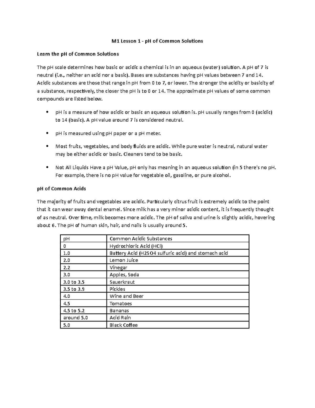 P H of Common Solutions - M1 Lesson 1 - pH of Common Solutions Learn ...