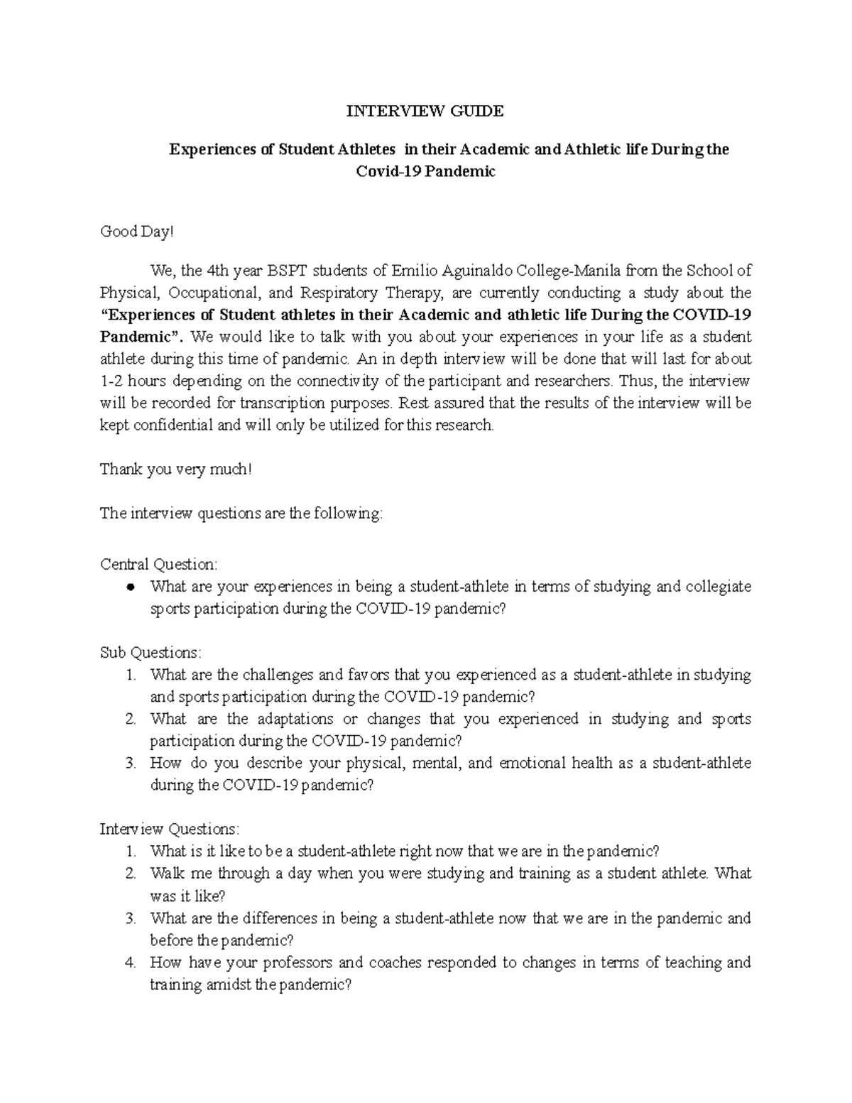 Interview Guide Participants COPY - INTERVIEW GUIDE Experiences of ...