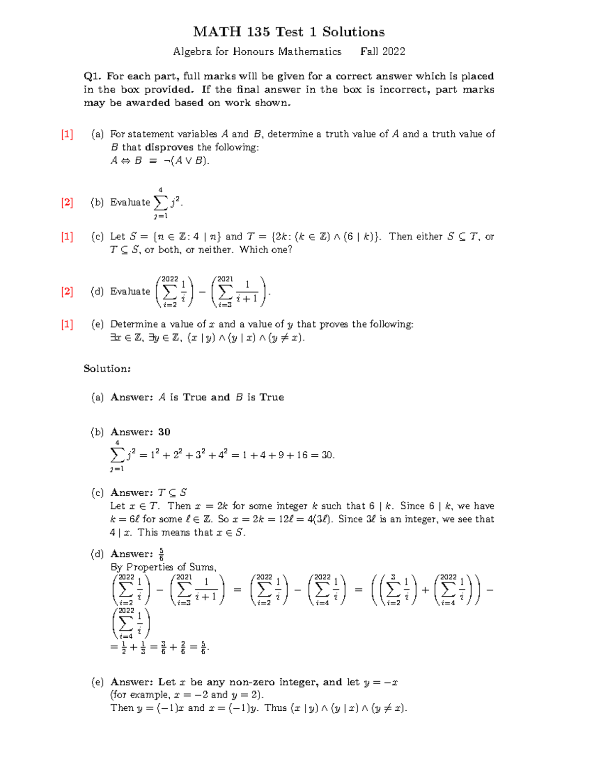 T1-sample-solutions - Proofs - MATH 135 Test 1 Solutions Algebra for ...