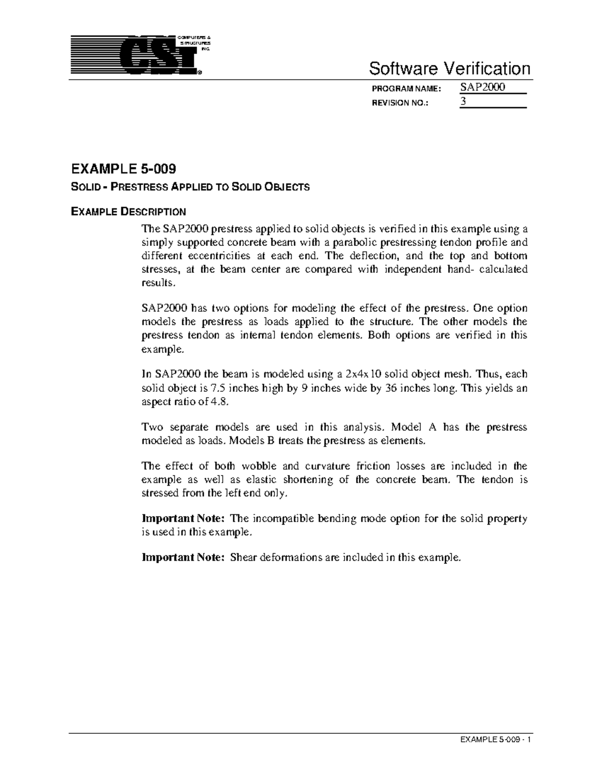 Problem 5-009 - sap2000 - INC. R Software Verification PROGRAM NAME: SAP REVISION NO.: 3 EXAMPLE ...