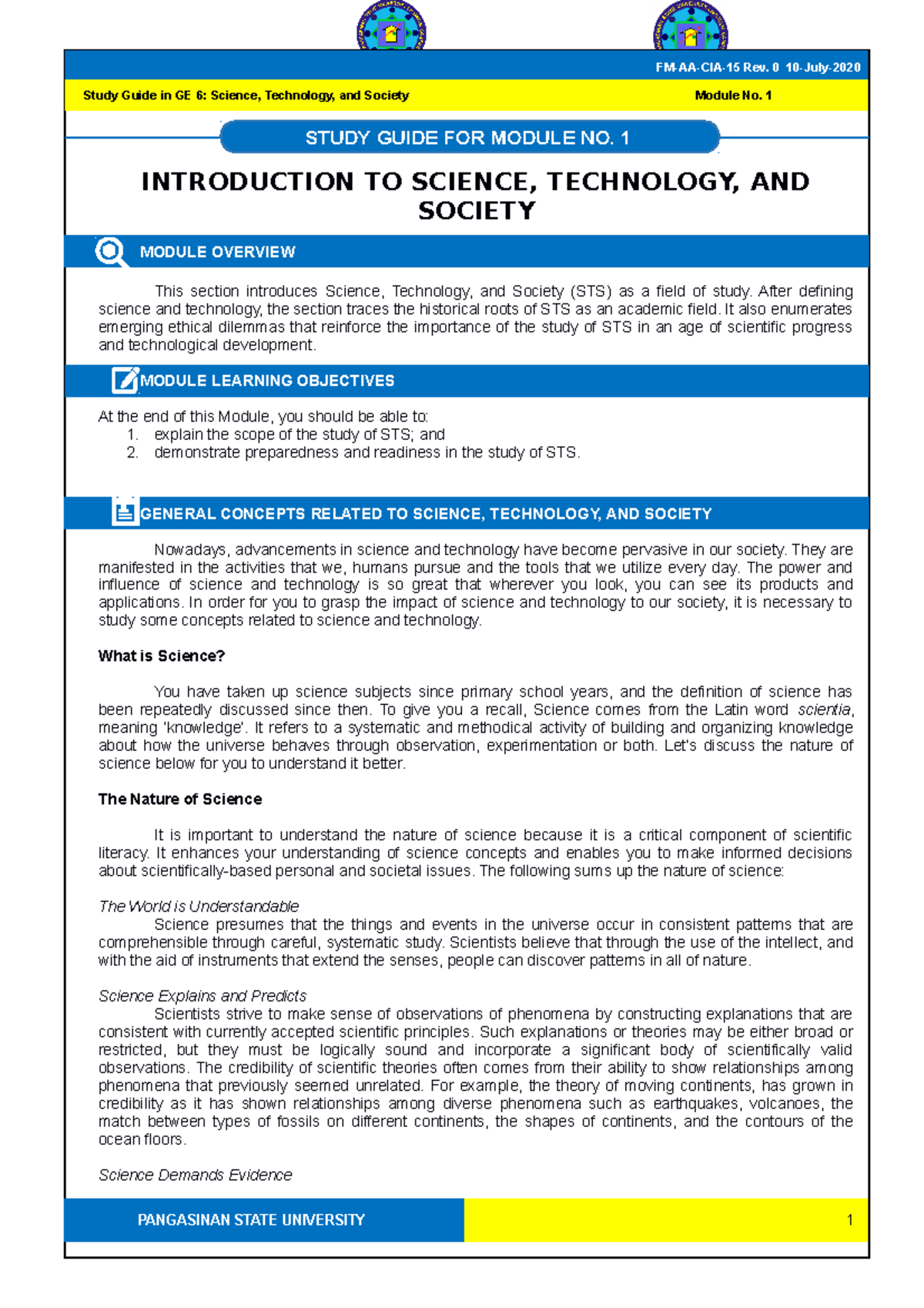 Study- Guide-1 - INTRODUCTION TO SCIENCE, TECHNOLOGY, AND SOCIETY MODULE OVERVIEW This section ...
