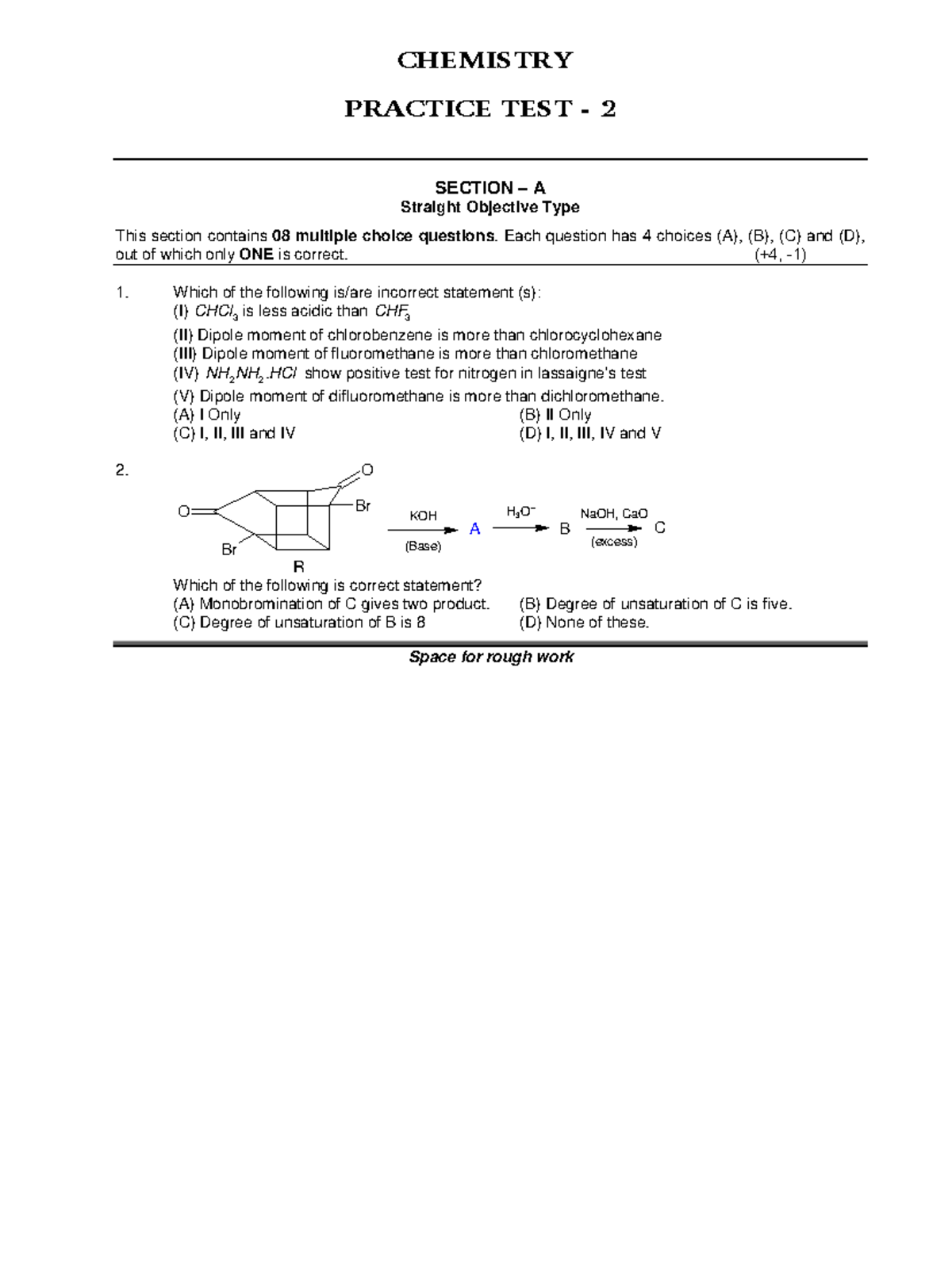 Chemistry Practice Test - 2 - SECTION – A Straight Objective Type (II ...