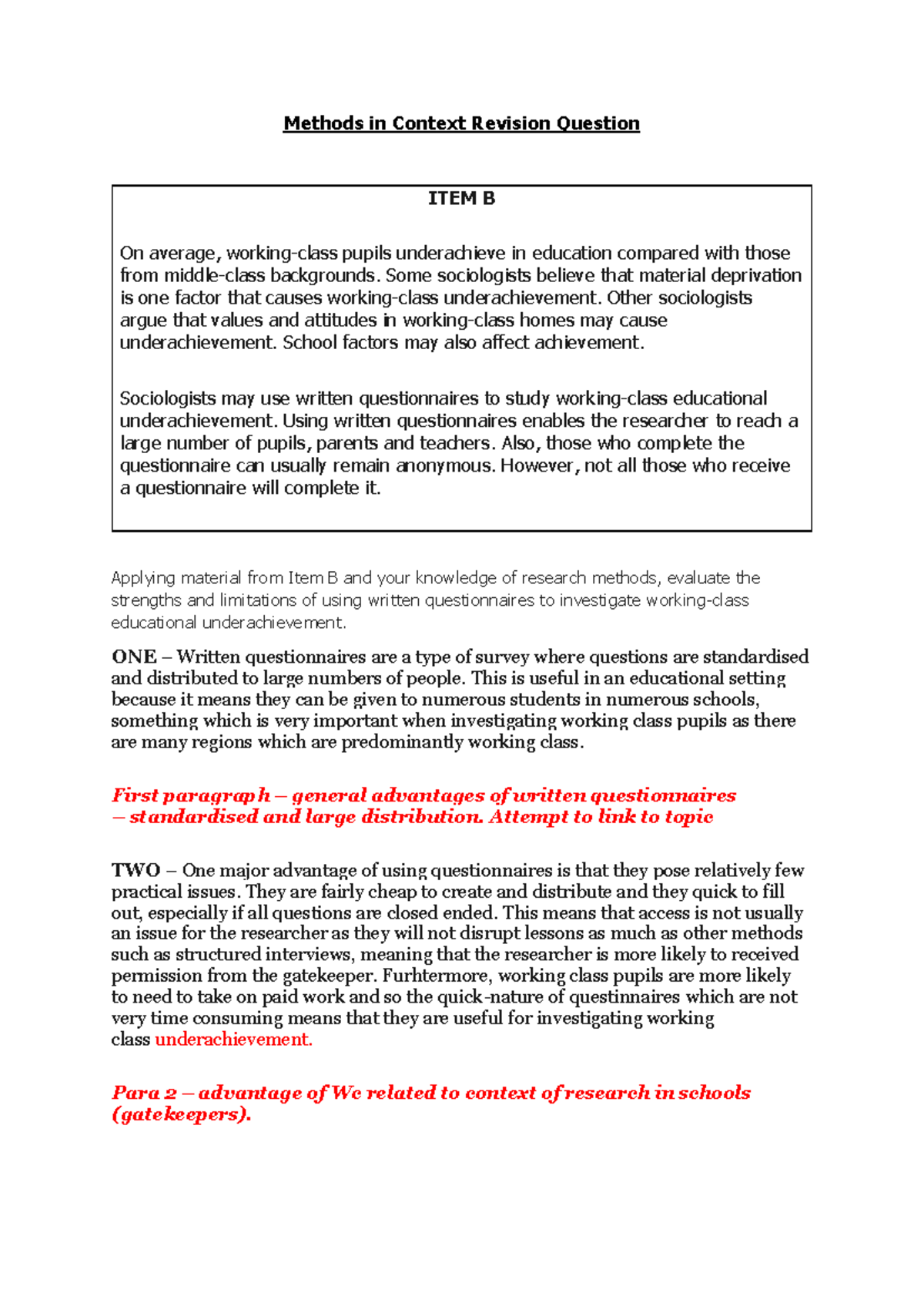 Questionnaires Methods in Context Revision Question - answer with ...