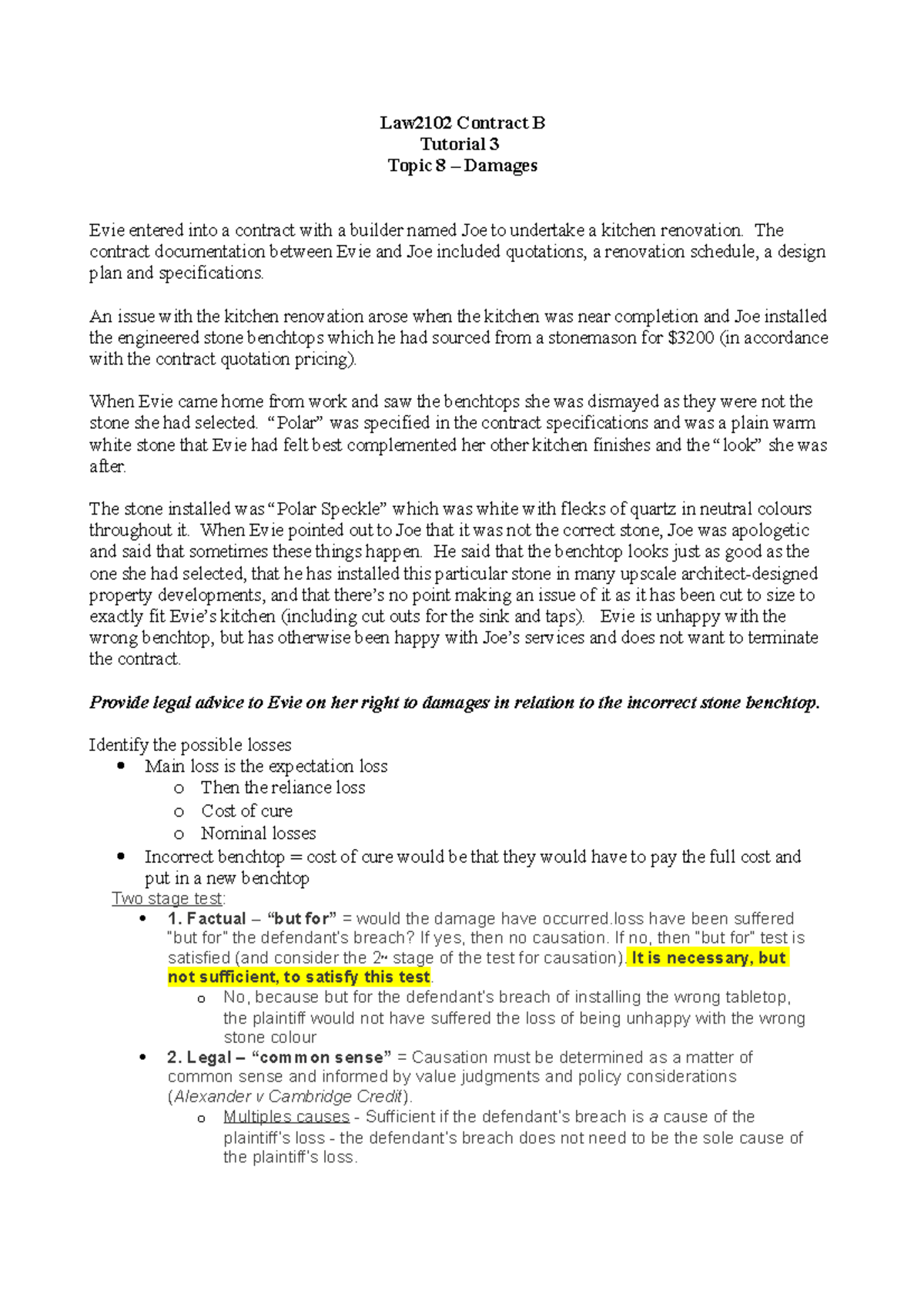 Tutorial 3 - Law2102 Contract B Tutorial 3 Topic 8 – Damages Evie entered into a contract with a ...