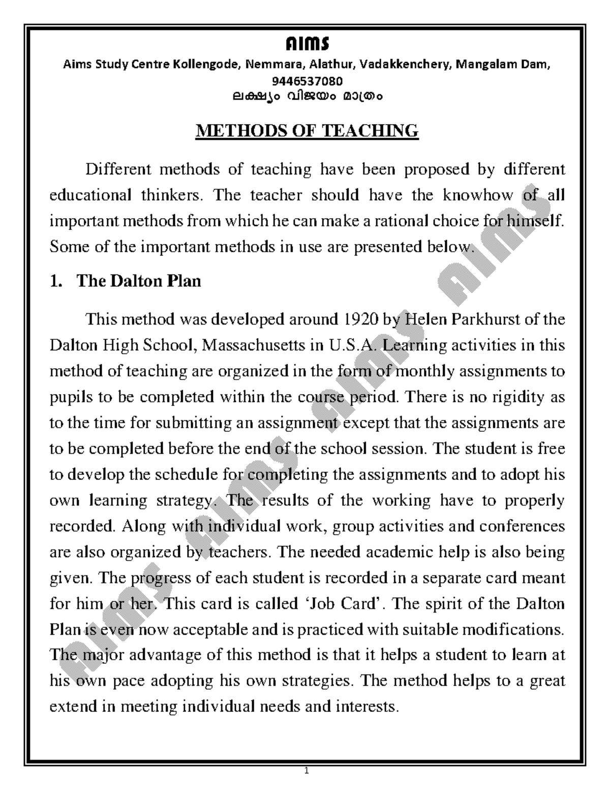 Methods of Teaching - Its lecture note - Aims Study Centre Kollengode ...
