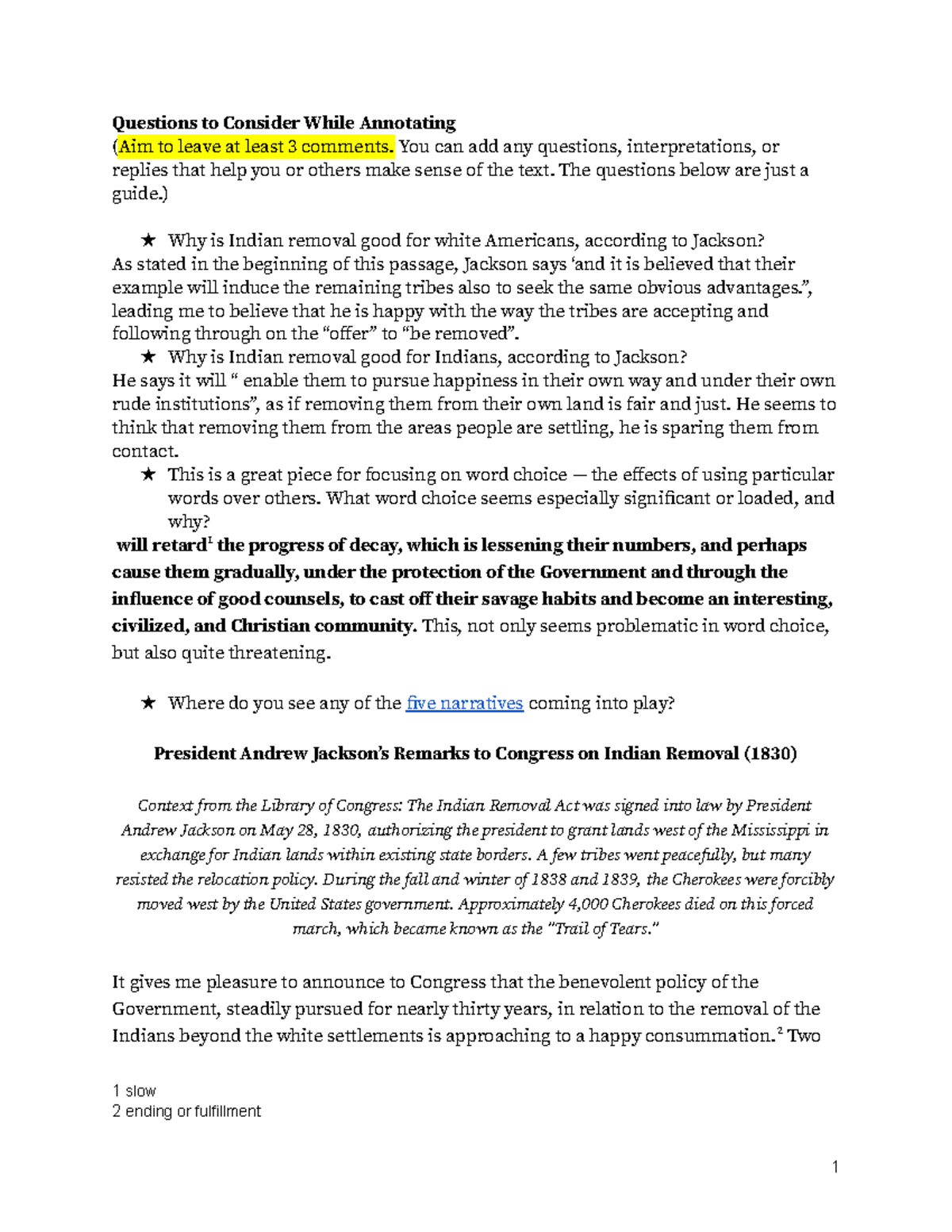 President Andrew Jackson’s Remarks to Congress on Indian Removal (1830 ...