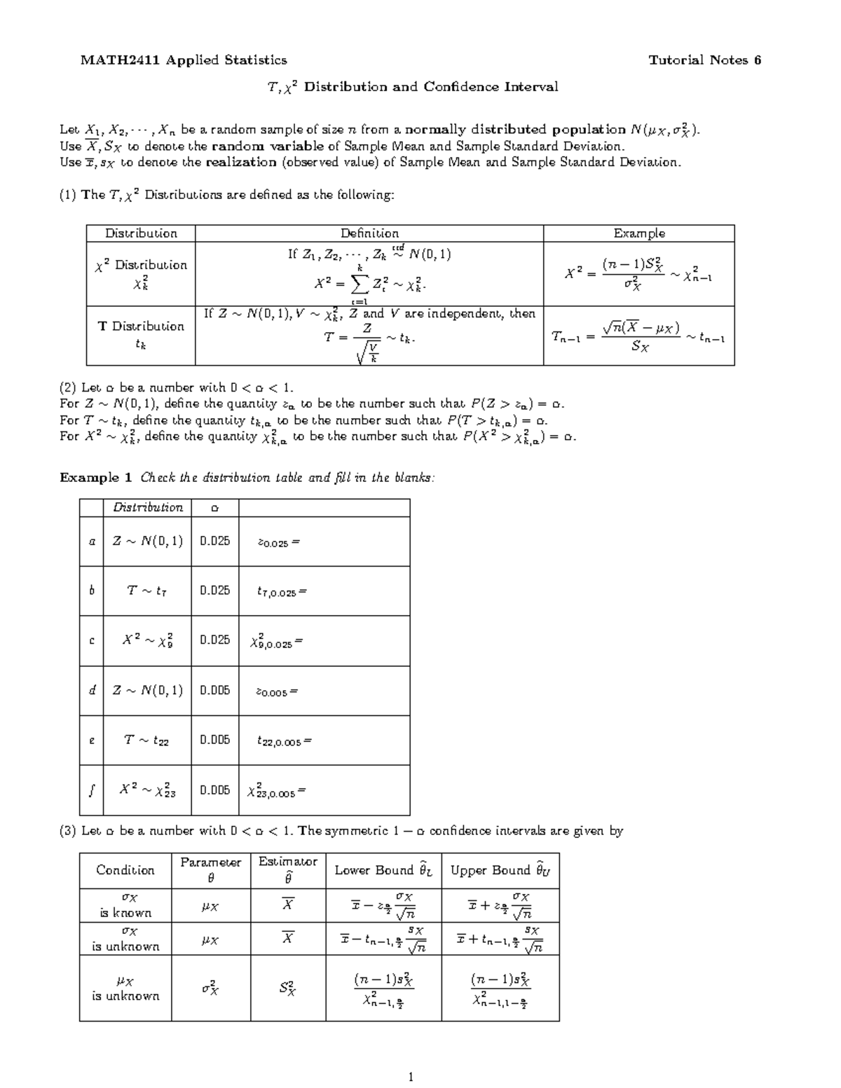 TN06 - Dave Au - MATH2411 Applied Statistics Tutorial Notes 6 T, χ2 ...
