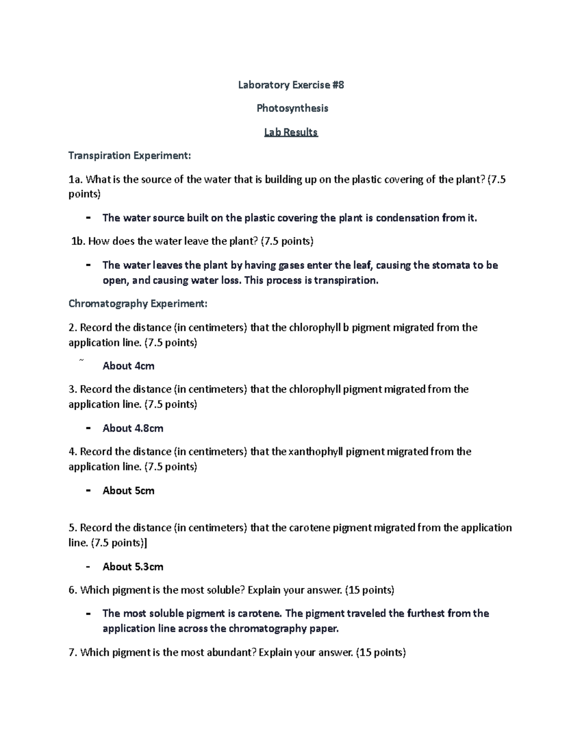 Laboratory Exercise #8 Photosynthesis - Laboratory Exercise # Photosynthesis Lab Results - Studocu