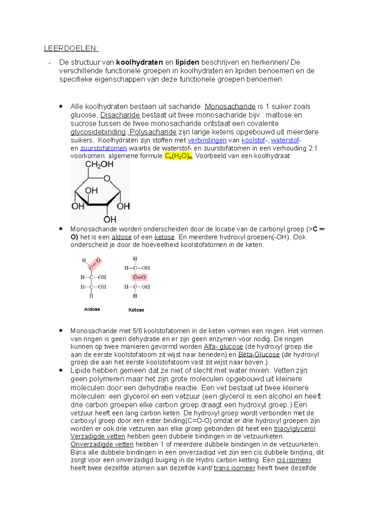 Leerdoelen les 1 koolhydraten en lipiden - LEERDOELEN: - De structuur ...