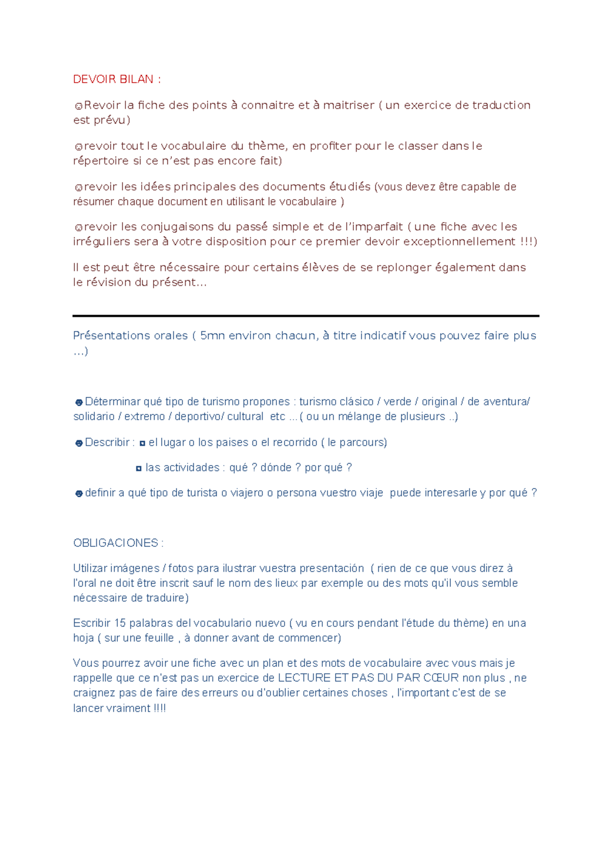 Devoir Bilan et Presentations Orales guide - DEVOIR BILAN : ☺Revoir la fiche des points à ...