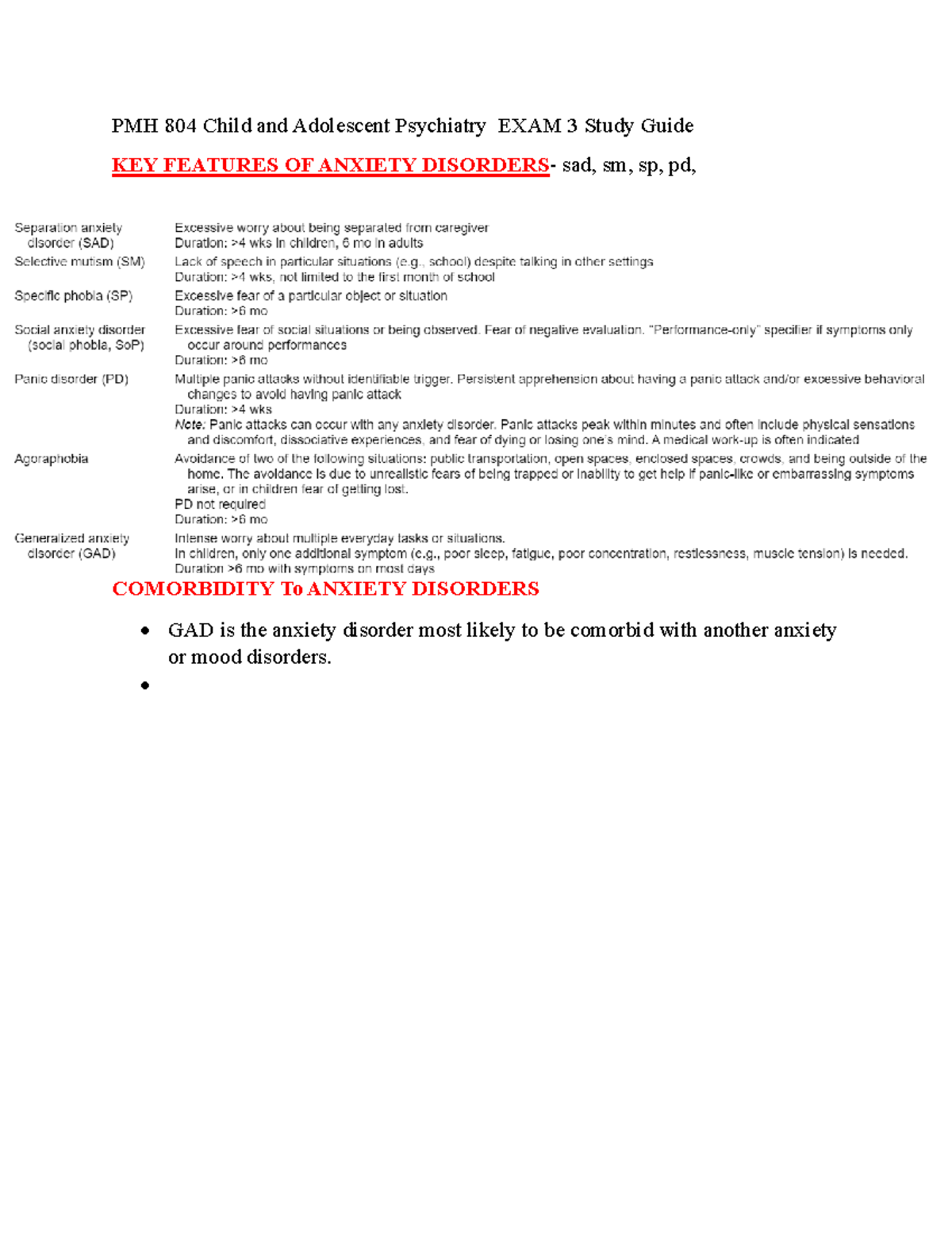 PMH 804 Child and Adolescent Psychiatry EXAM 3 Study Guide 2 - PMH 804 ...