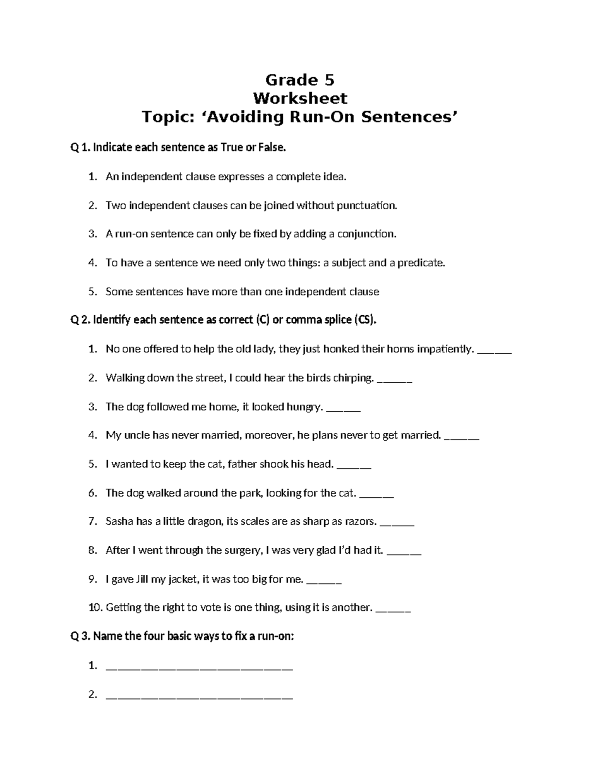 Worksheet - Grade 5 Worksheet Topic: ‘Avoiding Run-On Sentences’ Q 1 ...