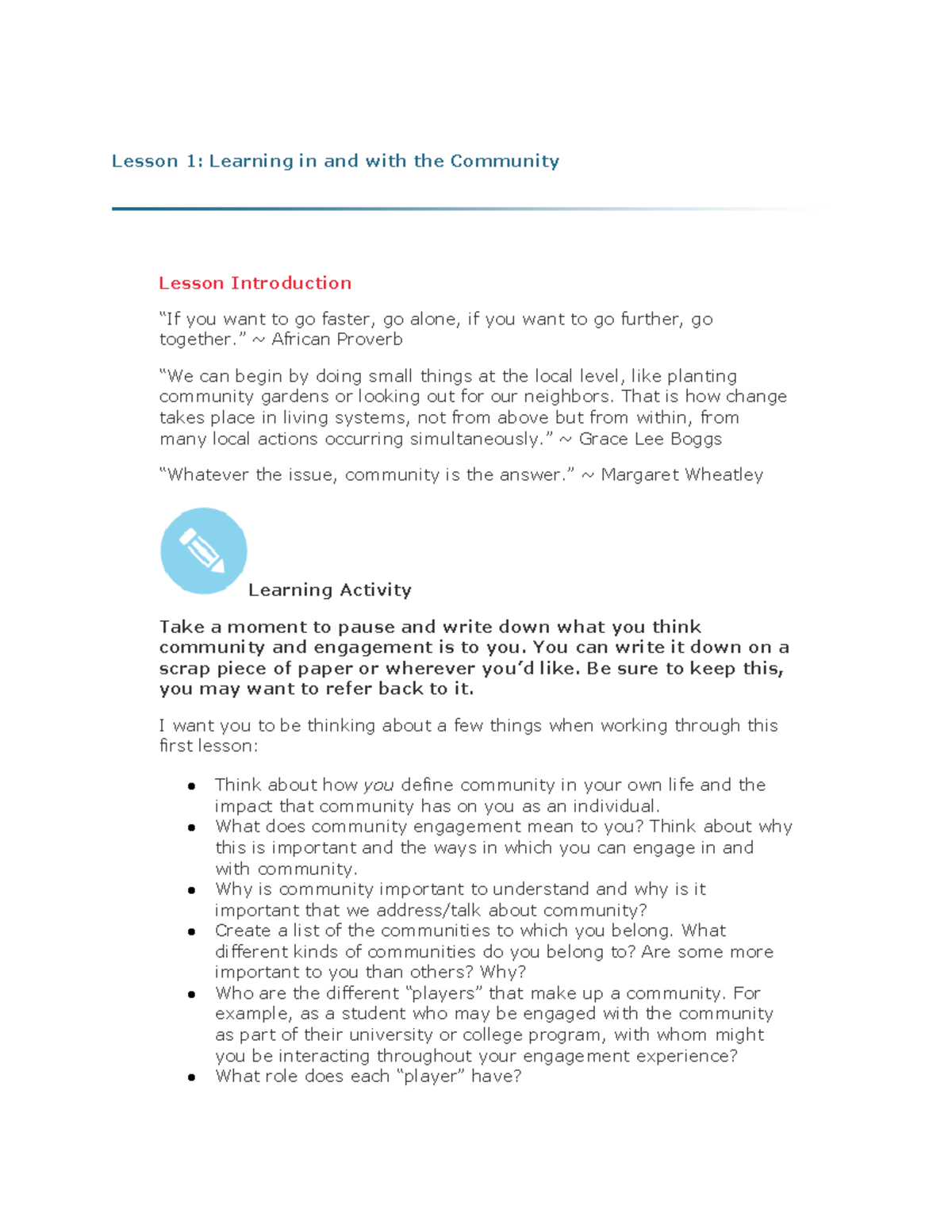 Combined Lesson Notes - Lesson 1: Learning in and with the Community ...