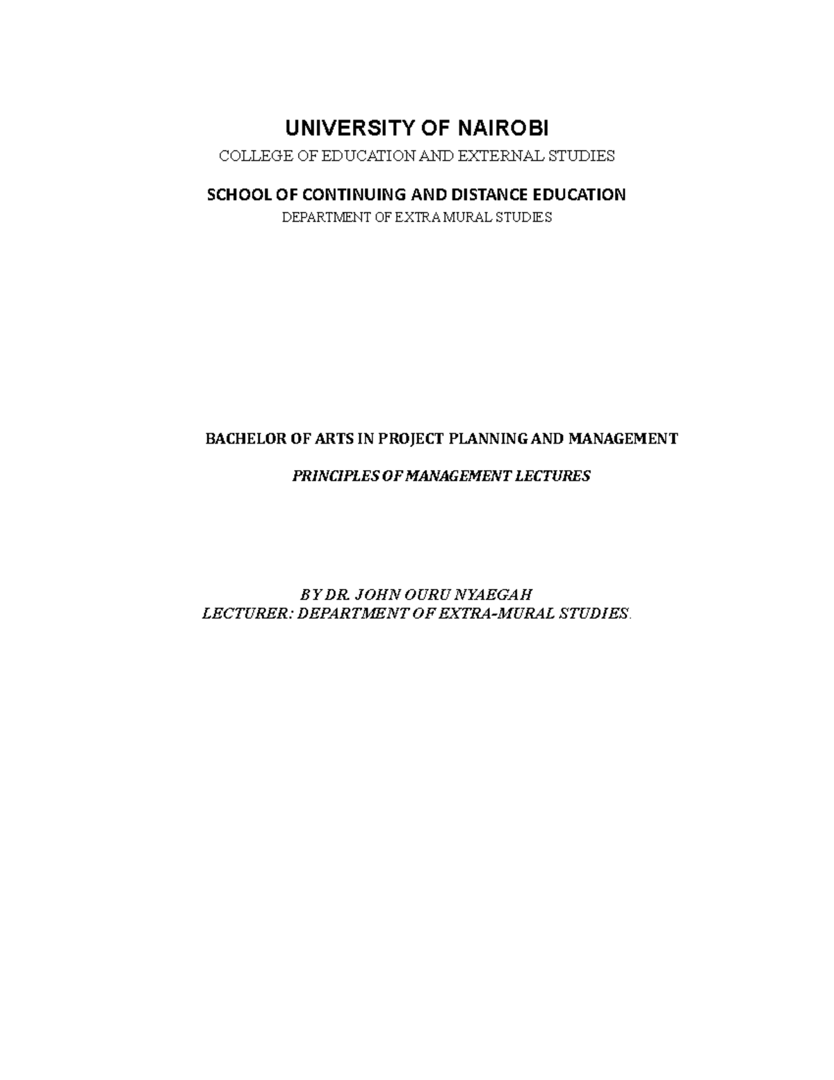 Principles of Management UON - UNIVERSITY OF NAIROBI COLLEGE OF ...