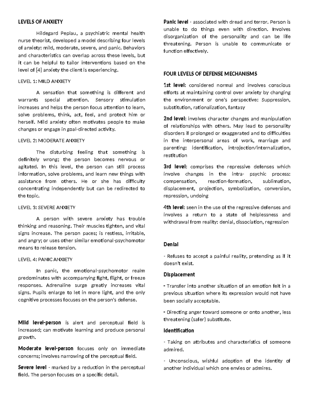 Levels OF Anxiety - Notes - LEVELS OF ANXIETY Hildegard Peplau, a ...