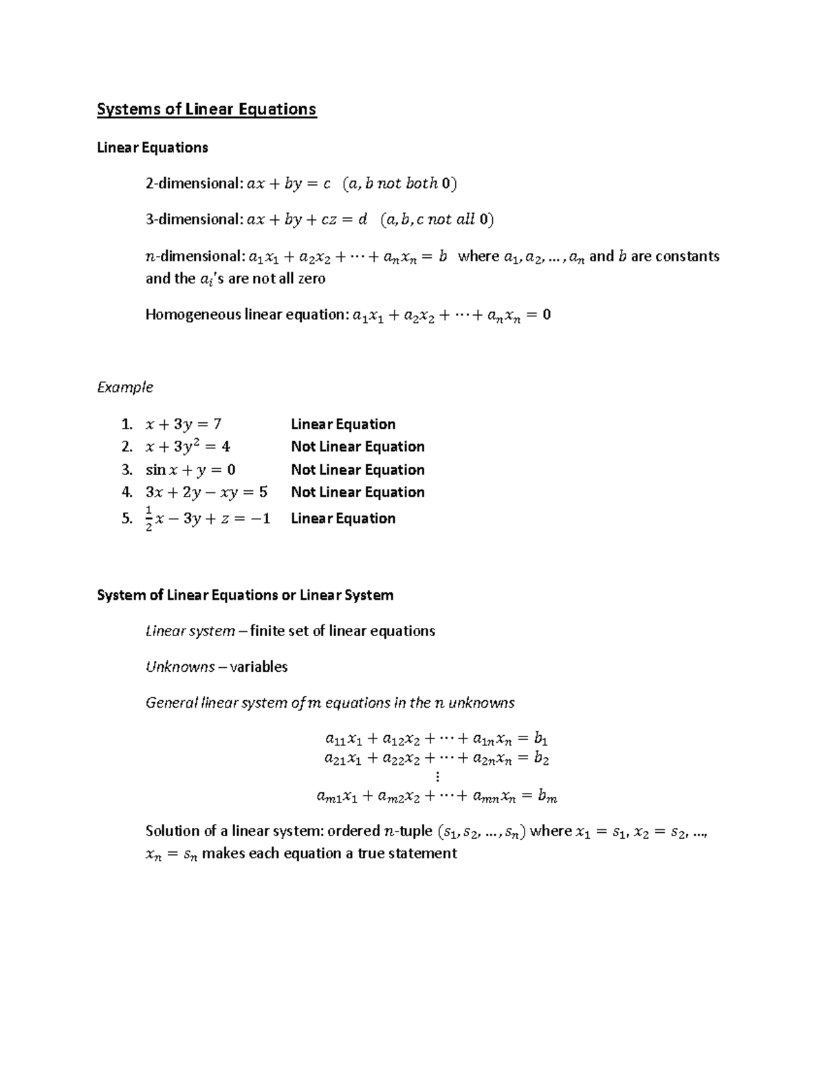 AM4118 1.25 notes - Systems of Linear Equations Linear Equations 2 ...