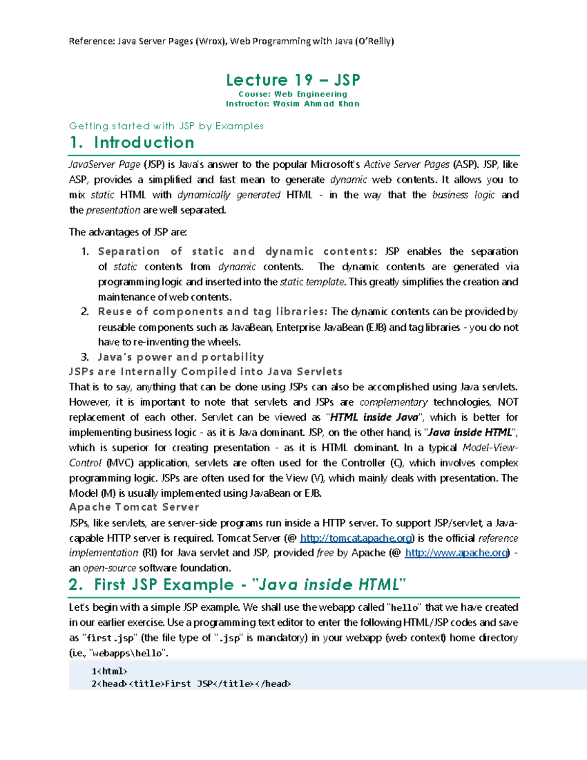 Jsp Examples With Explanation Lecture 19 Jsp Course Web Engi Neeri