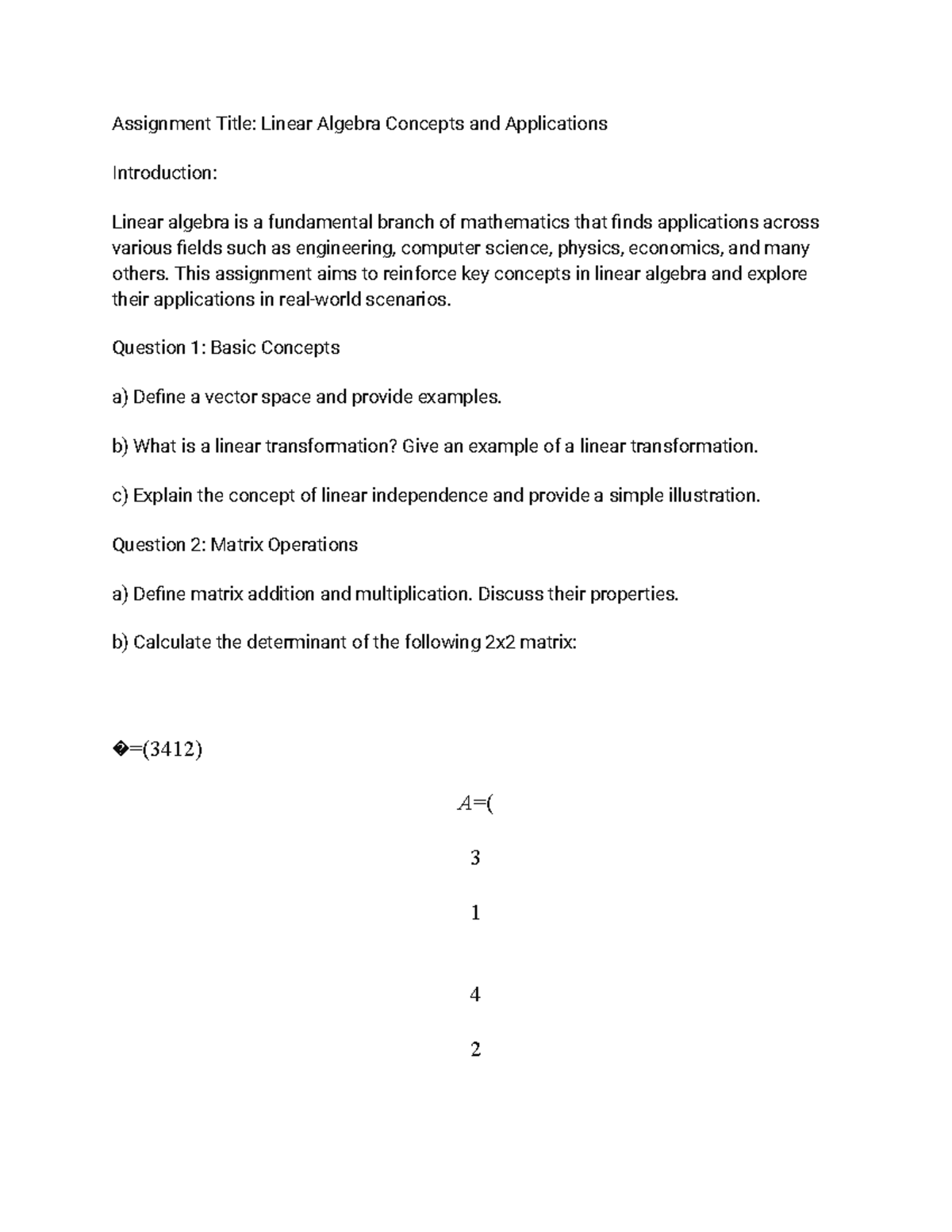 Lin Alg Overview Assignment - Assignment Title: Linear Algebra Concepts ...