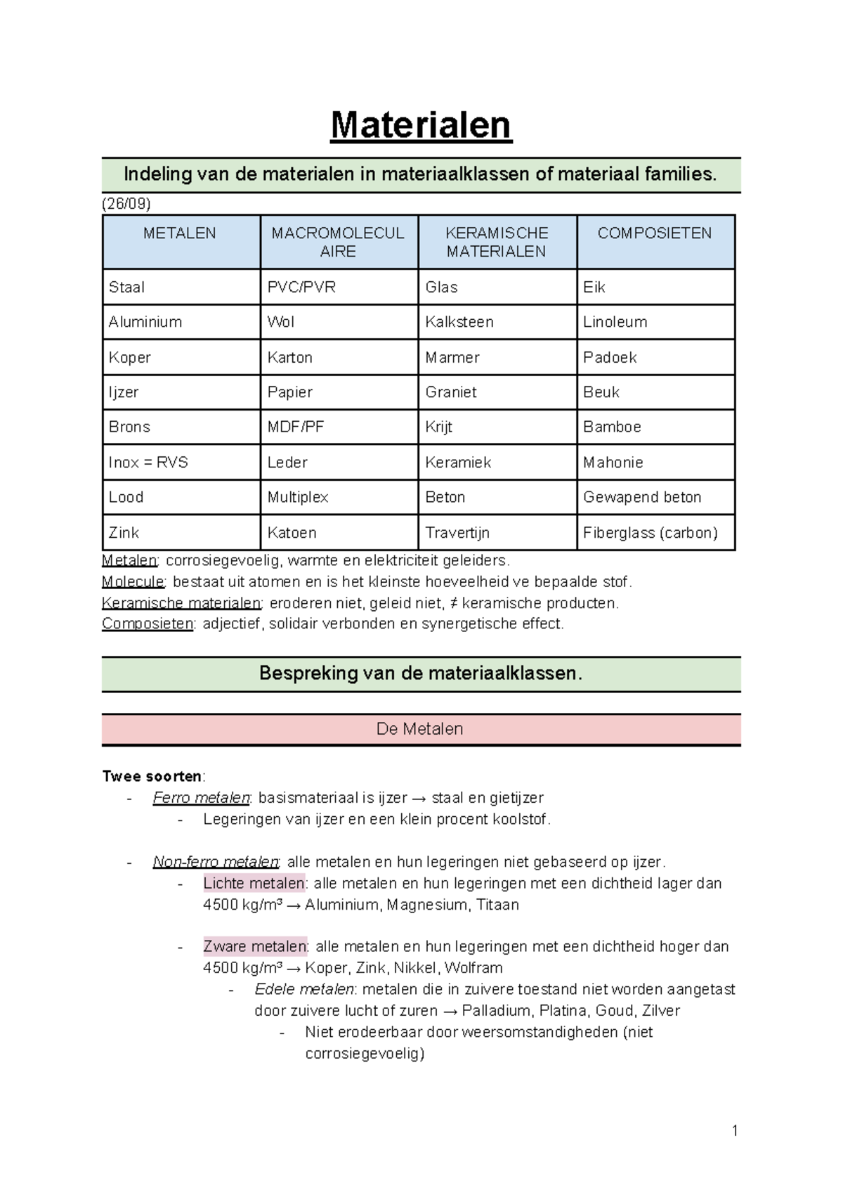 Materialen - ggggggggg - Materialen Indeling van de materialen in ...