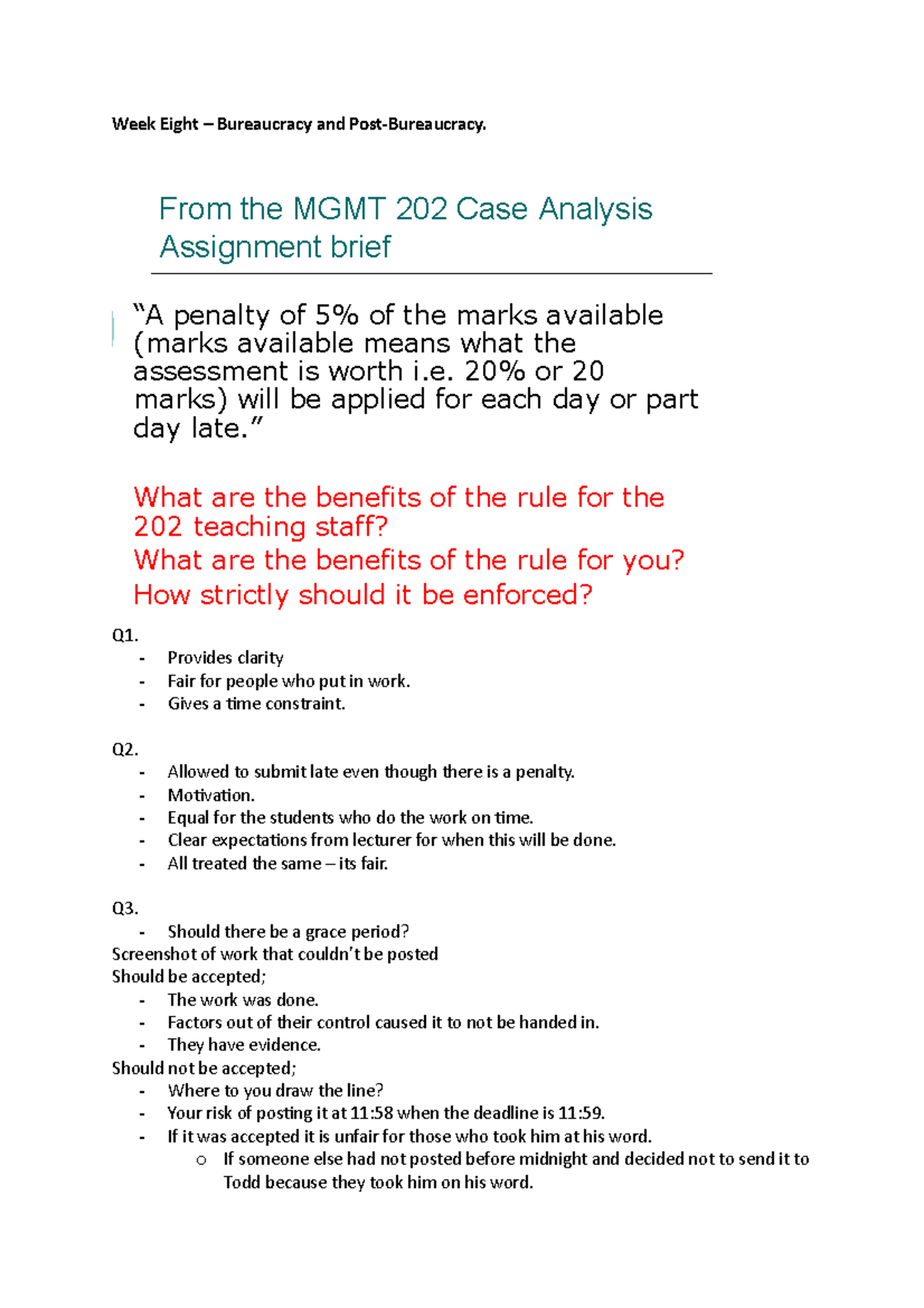 Week Eight – Bureaucracy and Post-Bureaucracy - From the MGMT 202 Case Analysis Assignment brief ...