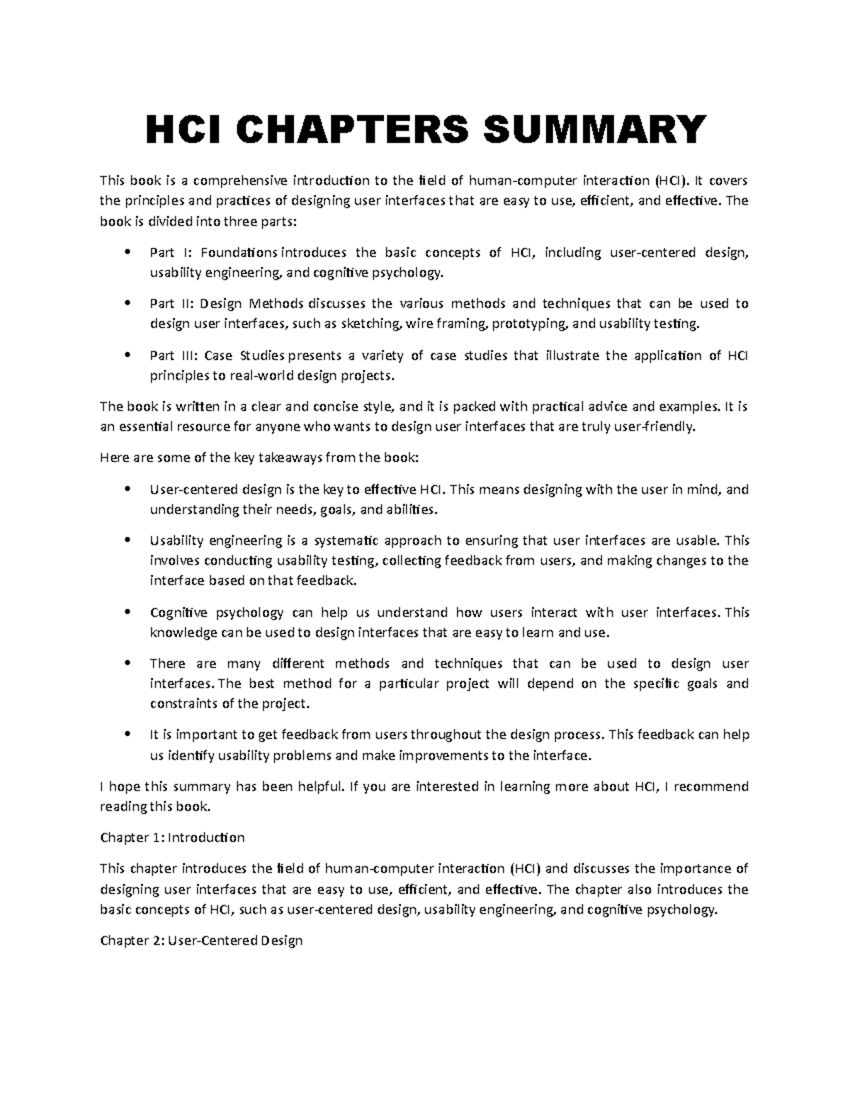 HCI Chapter Summary (Autosaved) - HCI CHAPTERS SUMMARY This book is a ...