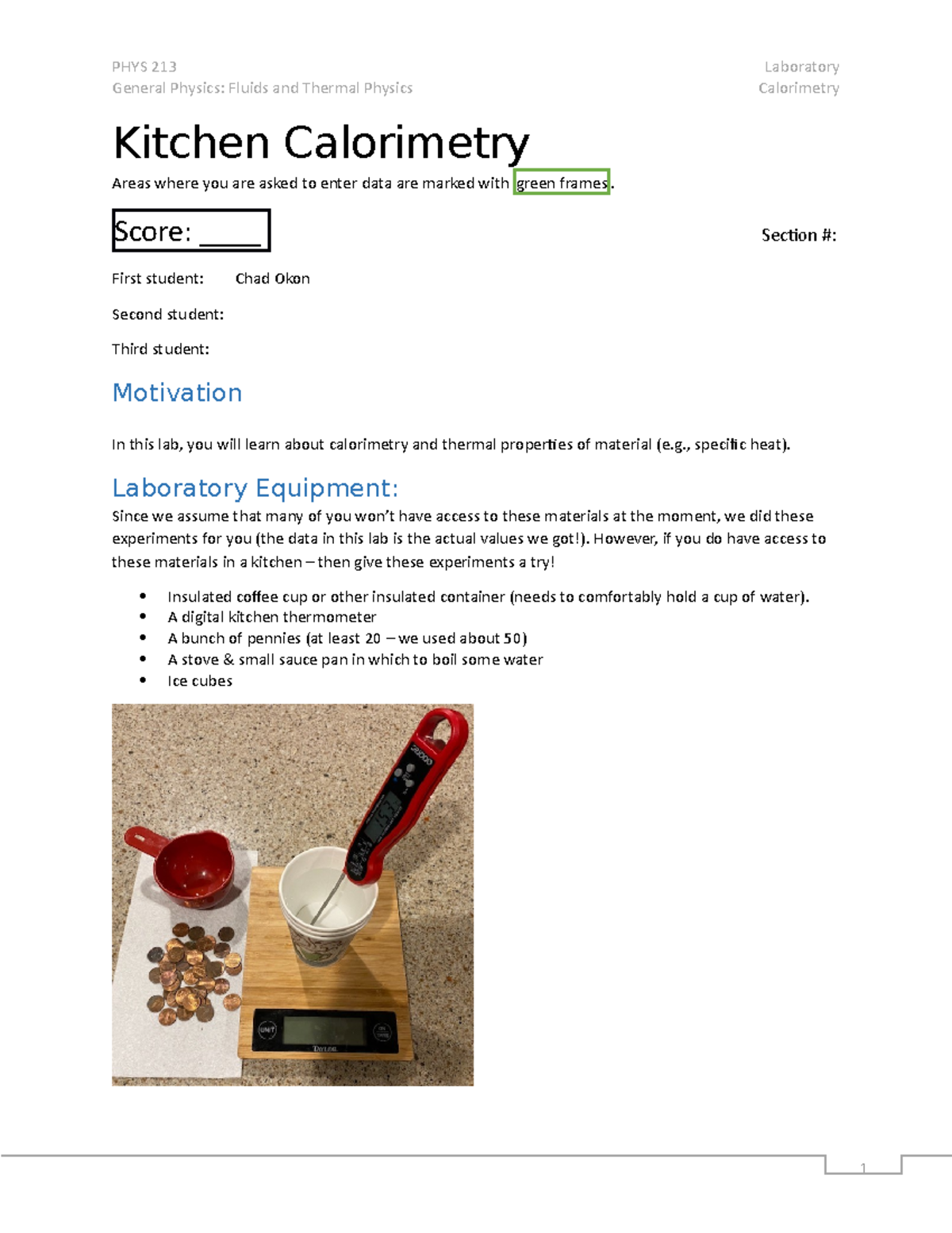 Lab3 Kitchen Calorimetry Fa20-online filled - General Physics: Fluids ...