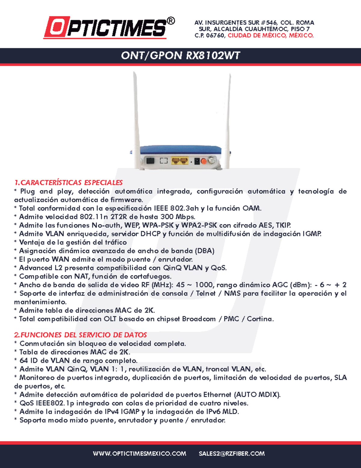 Ficha tecnica onu - WWW SALES2@RZFIBER 1ÕSTICAS ESPECIALES * Plug and ...