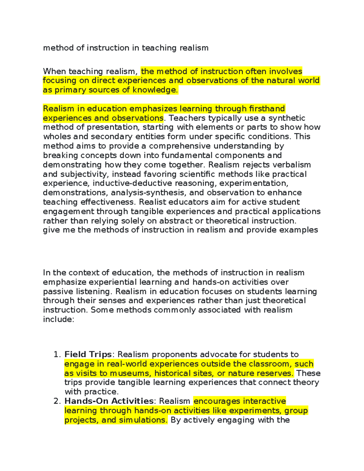 Method of instruction in teaching realism - Realism in education ...