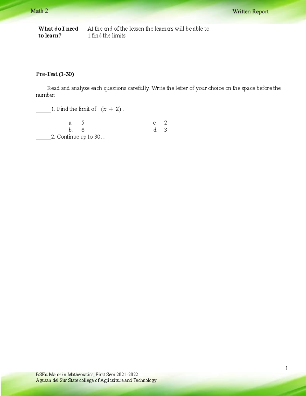 Math 7 written report template - ####### What do I need ####### to learn? ####### At the end of ...