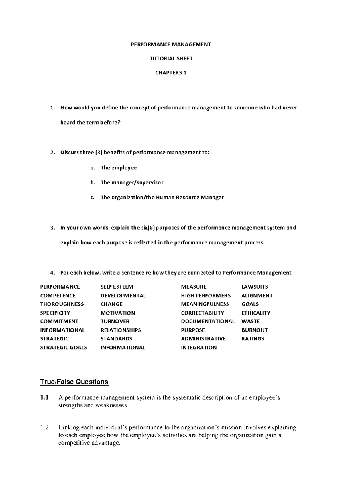 Performance Management Tutorial Sheet - Chapter 1 - PERFORMANCE MANAGEMENT TUTORIAL SHEET ...