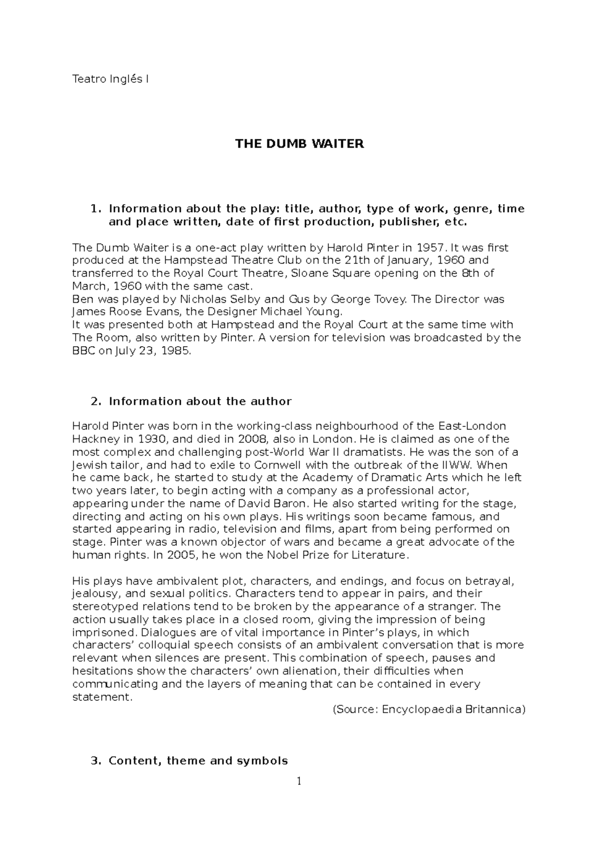 Trabajo the Dumb Waiter - Teatro Inglés I THE DUMB WAITER Information ...