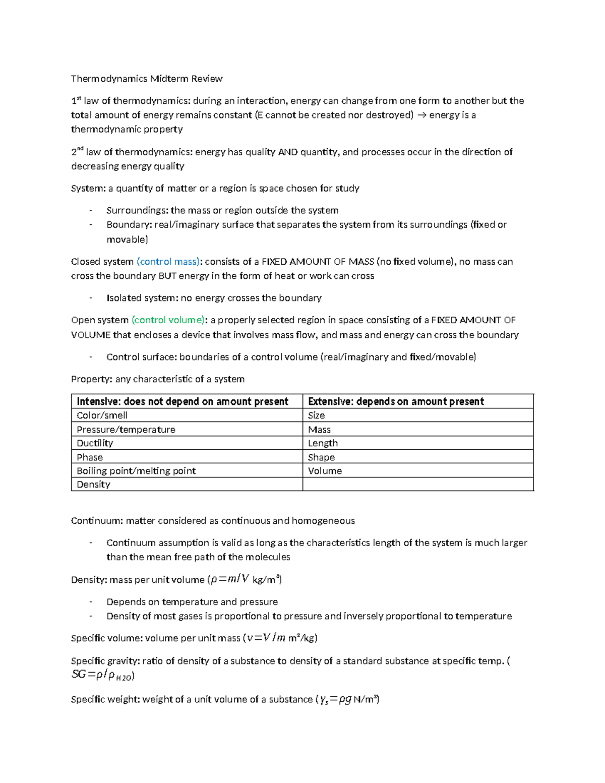 ENGR 251 - Thermodynamics Midterm Review - Thermodynamics Midterm ...