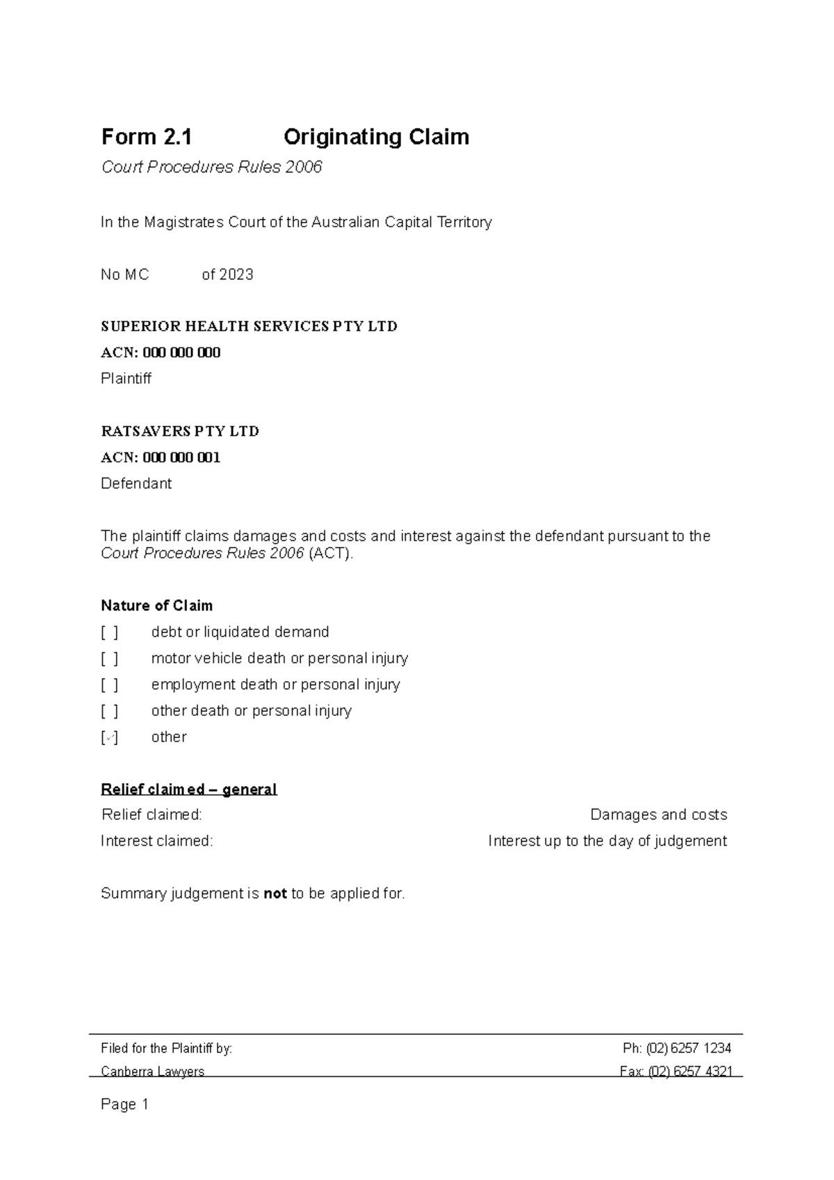 Commencing Proceedings - Originating Claim - Form 2 Originating Claim ...