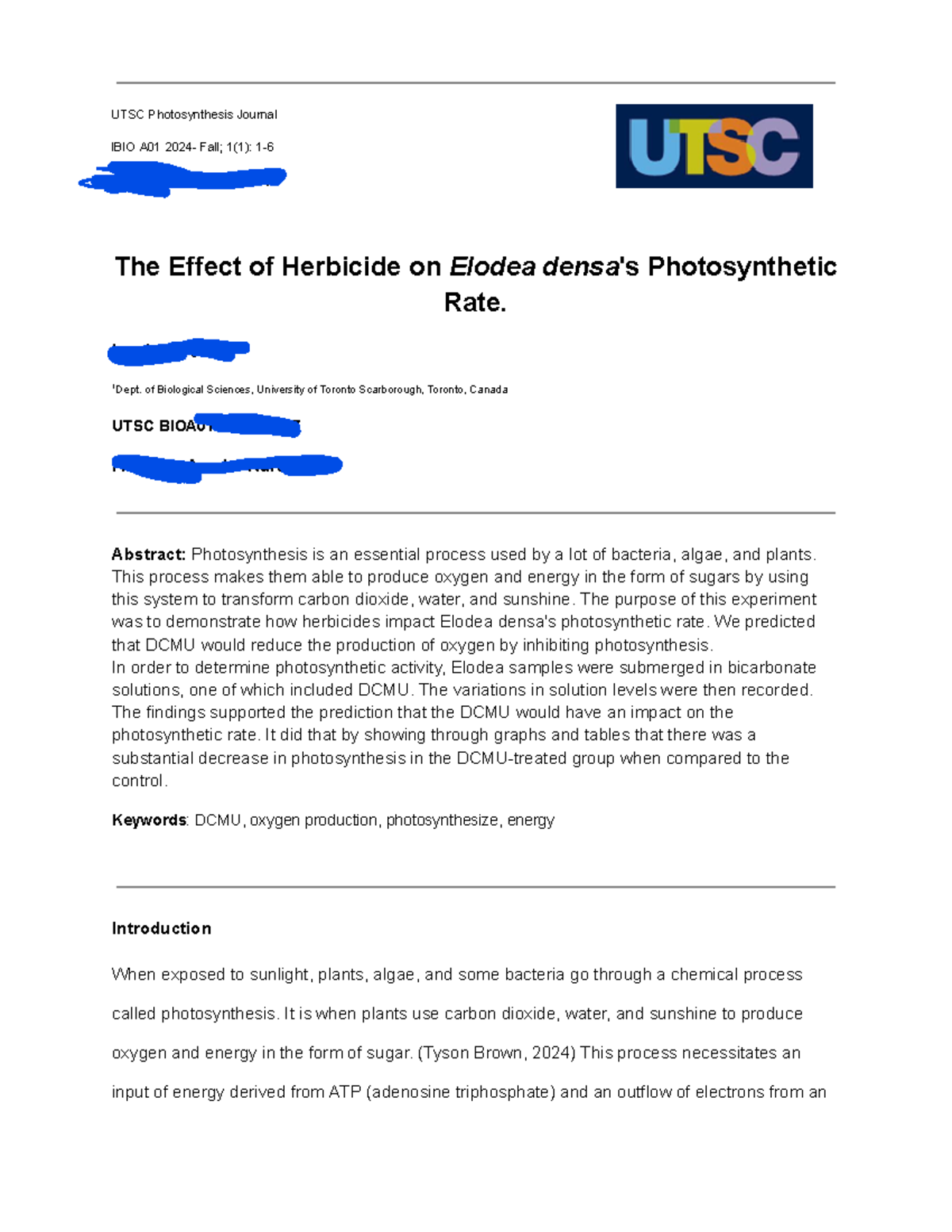 BIO Lab report - UTSC Photosynthesis Journal lBIO A01 2024- Fall; 1(1 ...