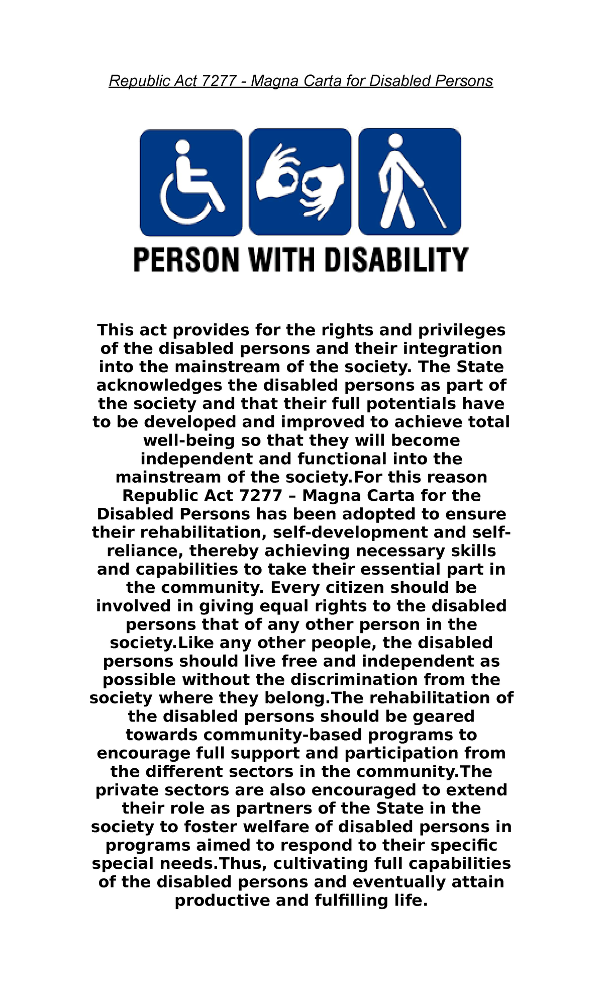 Republic Act 7277 - Important task to submit and to be answered this is ...