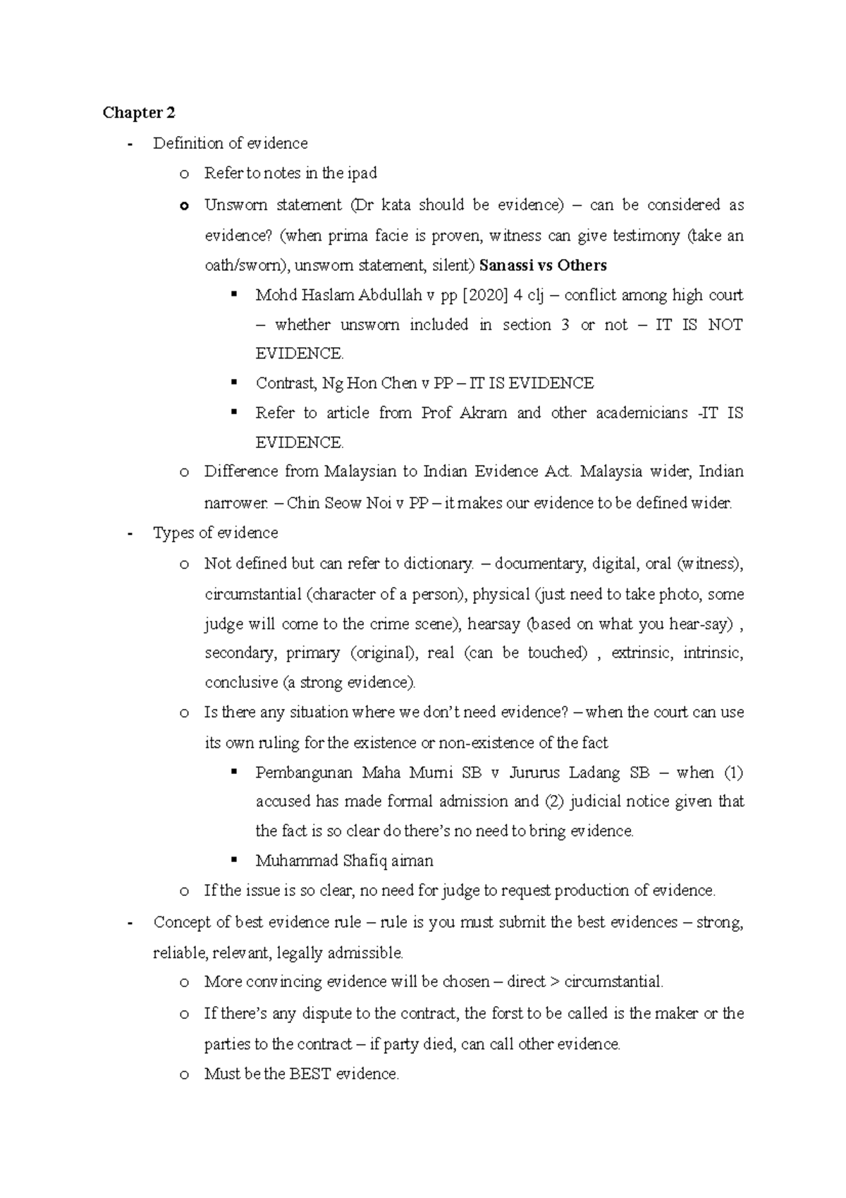 Law of Evidence (notes) - Chapter 2 - Definition of evidence o Refer to ...