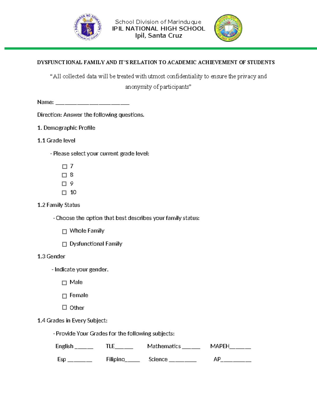 Practical Research 2 Questionnaire-1 - IPIL NATIONAL HIGH SCHOOL Ipil ...