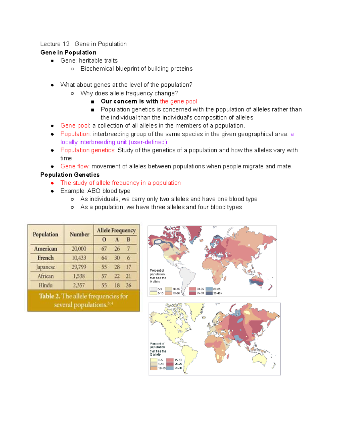 PHH Lecture 12 Part 1 - Lecture 12: Gene in Population Gene in Population Gene: heritable traits ...