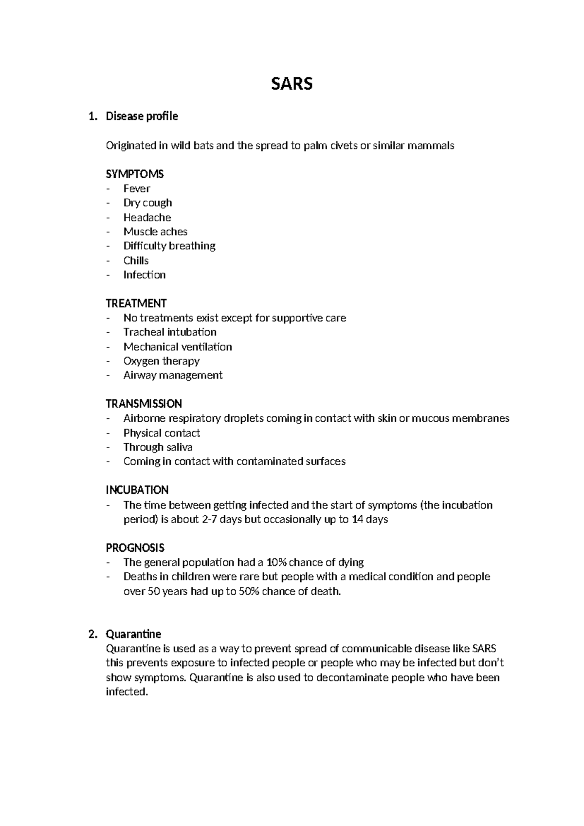 SARS - SARS report for year 10 science - SARS 1. Disease profile ...