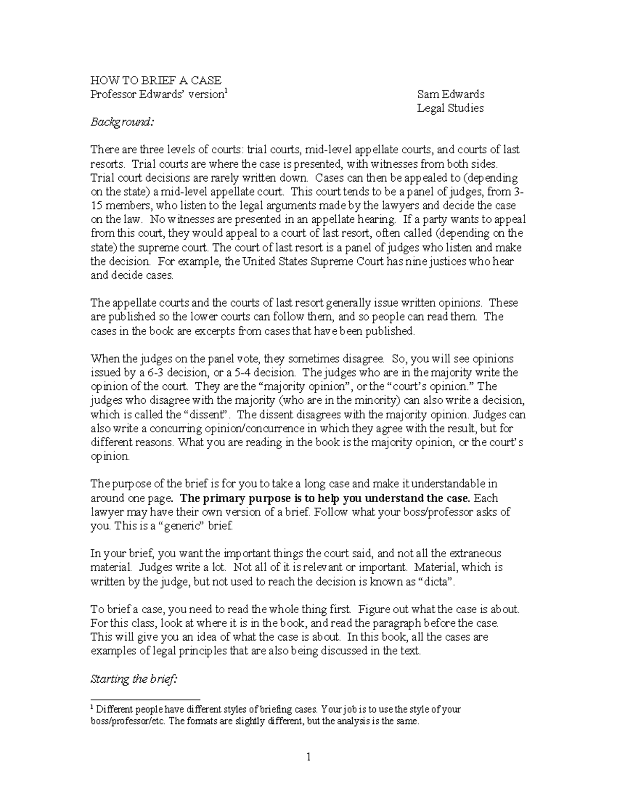 How to brief cases - HOW TO BRIEF A CASE Professor Edwards’ version 1 ...