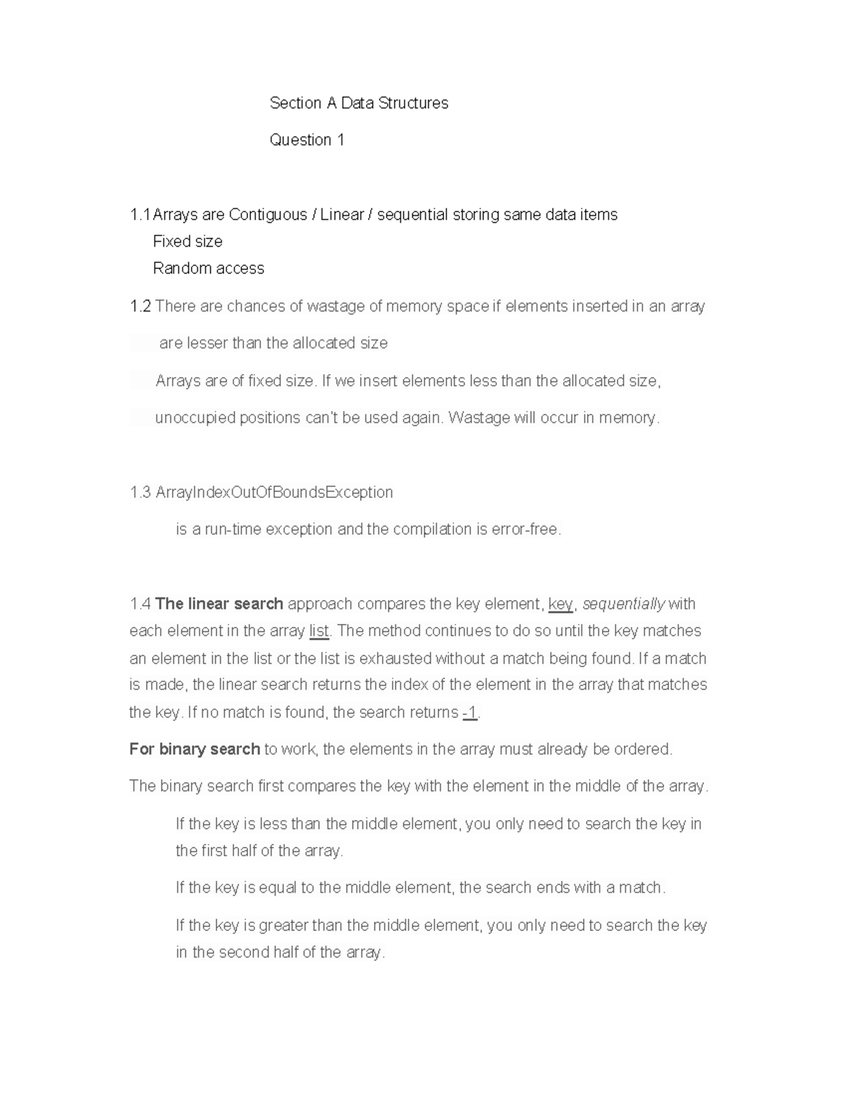 Practice Questions Data Structures Section A Data Structures Question 1 1 Arrays Are