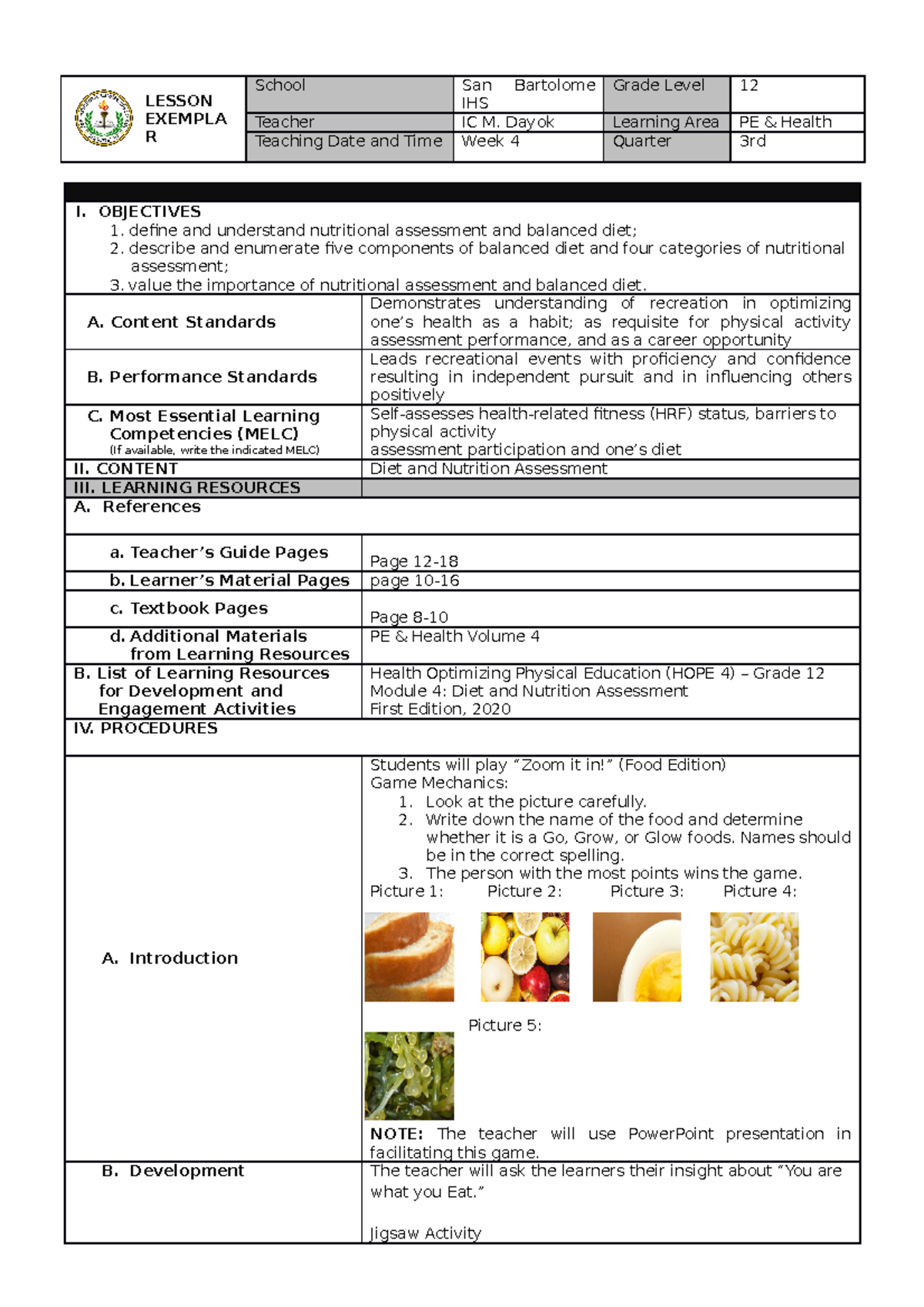 Pivot 4A Lesson Exemplar Format for SHS - LESSON EXEMPLA R School San ...
