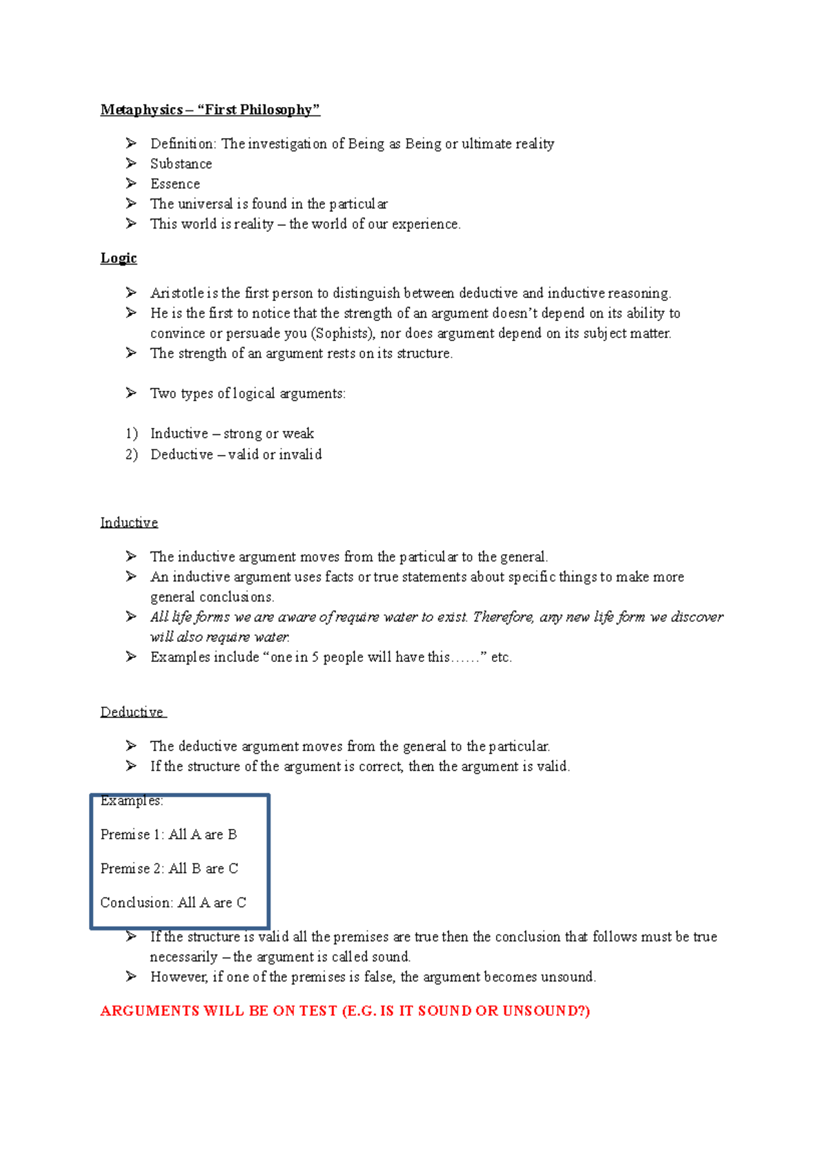 Exam 1 Material - Lecture notes - metaphysics and logic - Metaphysics ...