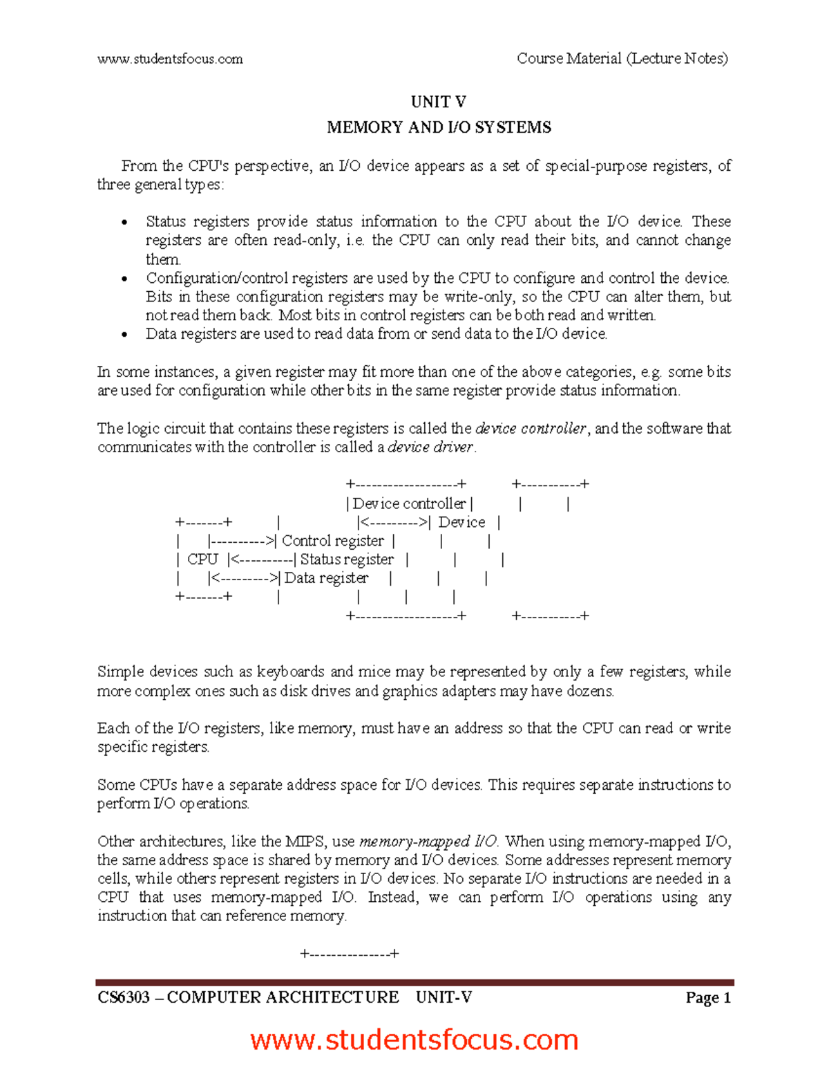 Memory and I/O systems - Course Material (Lecture Notes) CS6303 ...
